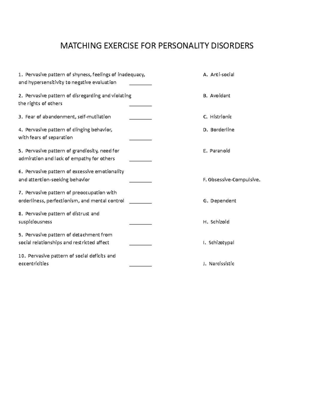 Matching Exercise FOR Personality Disorders - MATCHING EXERCISE FOR ...