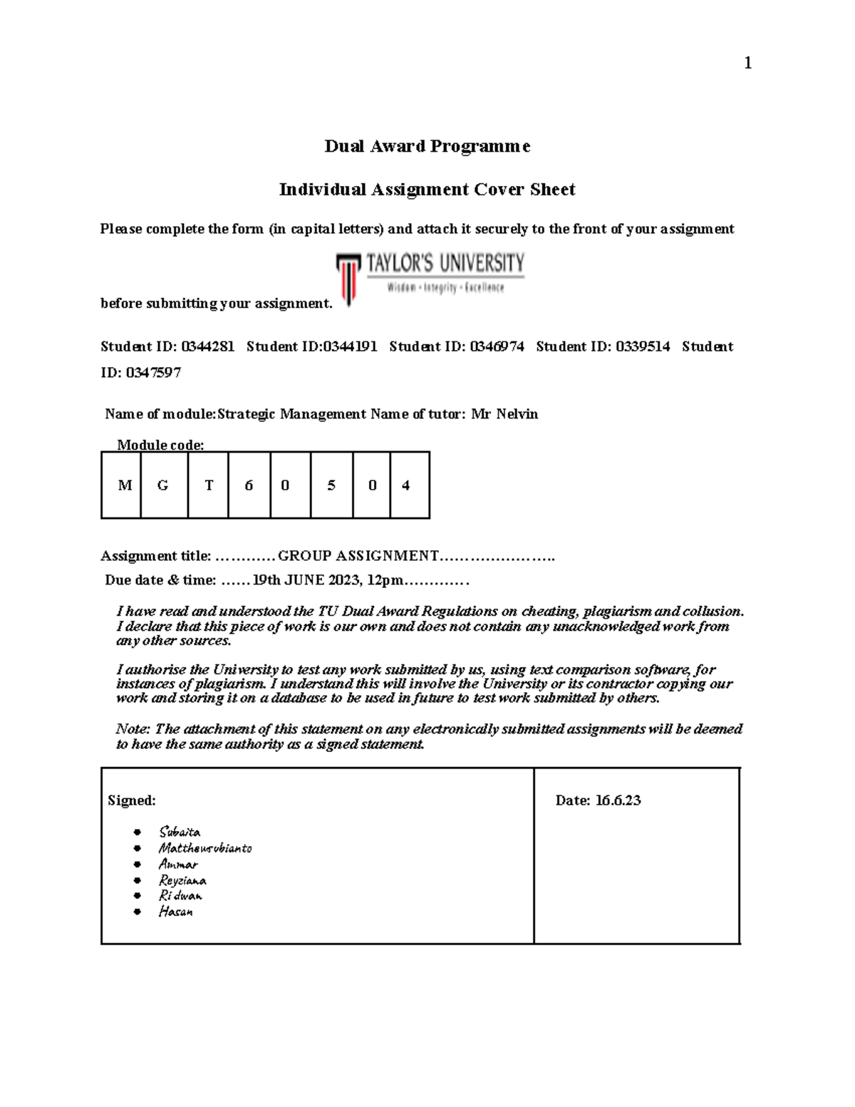 Strategic Management Group Assignment - Dual Award Programme Individual ...