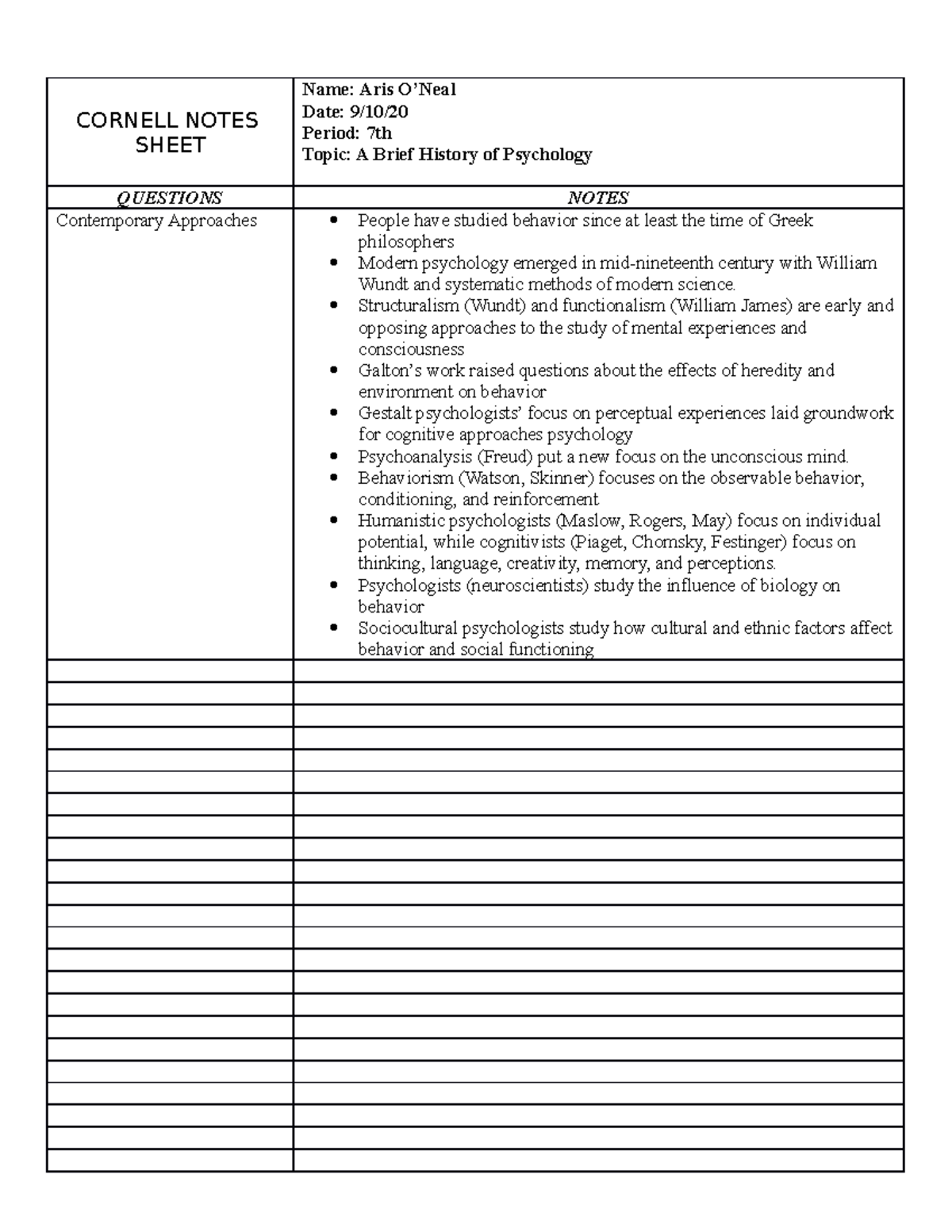 A Brief History in Psychology - CORNELL NOTES SHEET Name: Aris O’Neal ...
