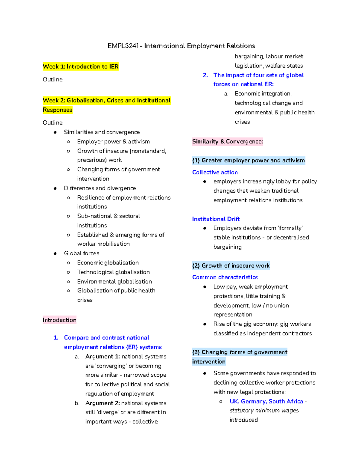 EMPL3241 Lecture Notes - EMPL3241 - International Employment Relations ...