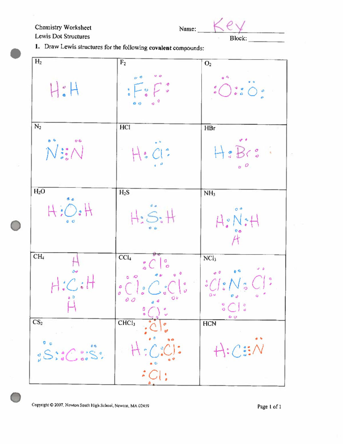Lewis Diagram Molecular Compounds Key - Chemistry Worksheet Name: Key ...