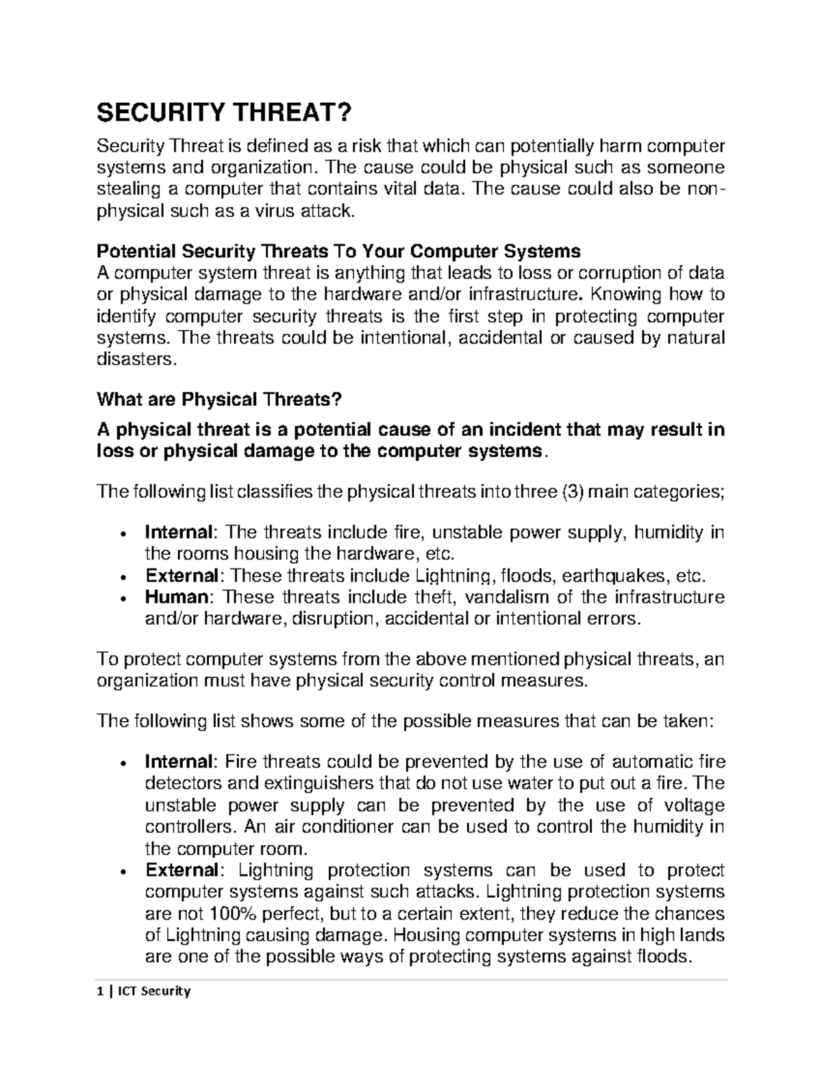 ICT Security - module sa it - SECURITY THREAT? Security Threat is ...