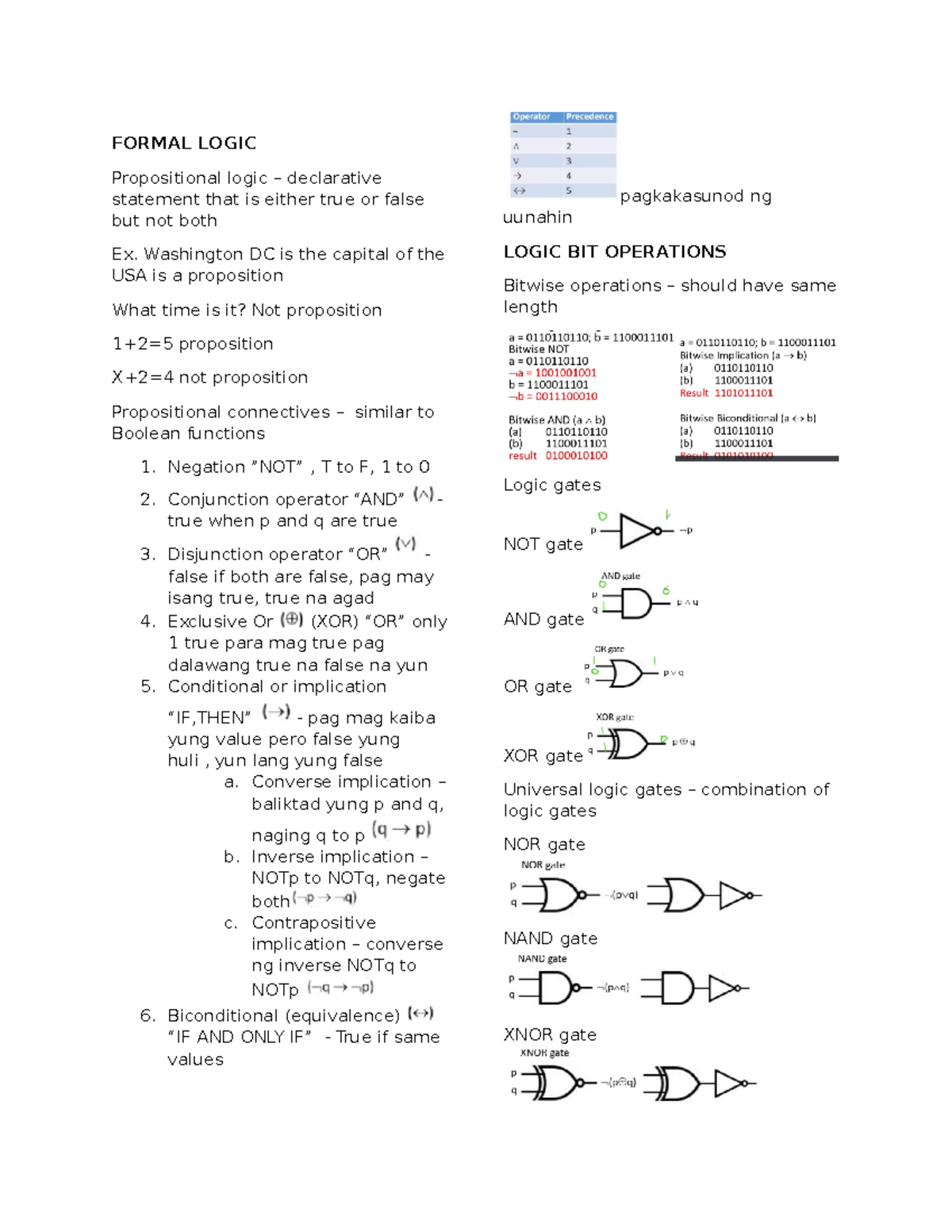Notes co2 - FORMAL LOGIC Propositional logic – declarative statement ...