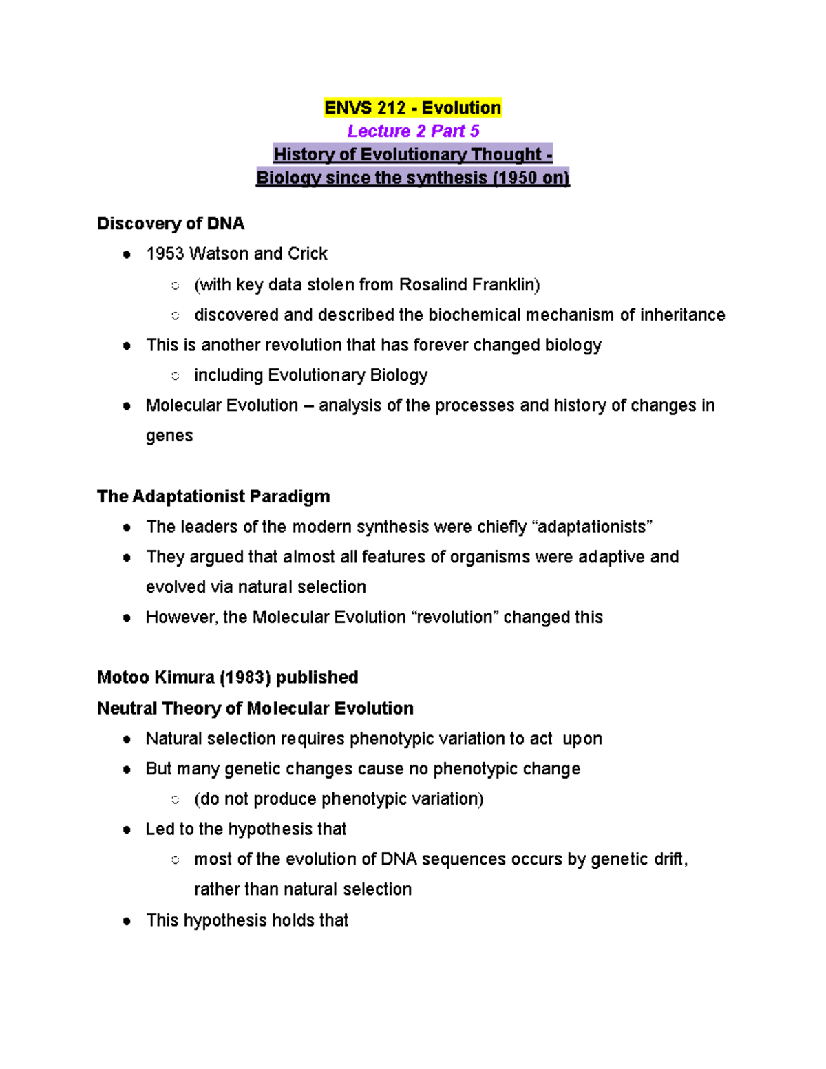 ENVS 212 Lecture 2 Part 5 - Spring 2020 - ENVS 212 - Evolution Lecture 2 Part 5 History of - Studocu