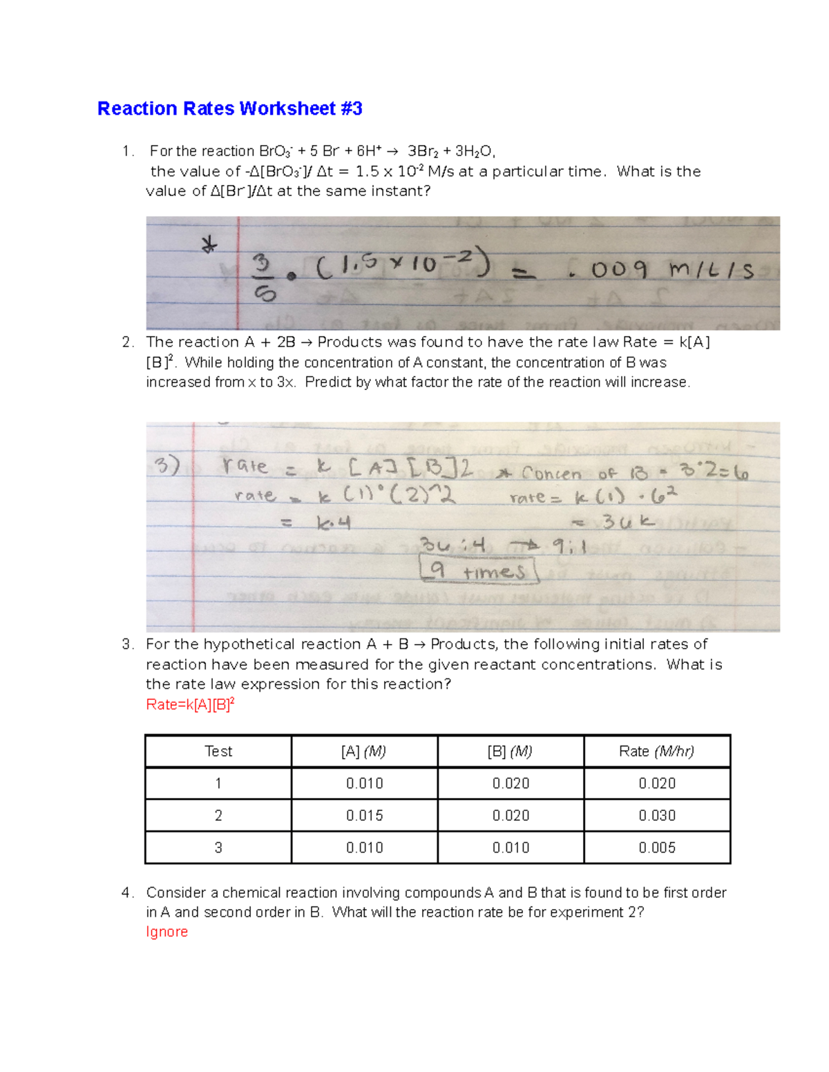 Reaction Rates Worksheet #3 - Reaction Rates Worksheet For the reaction ...