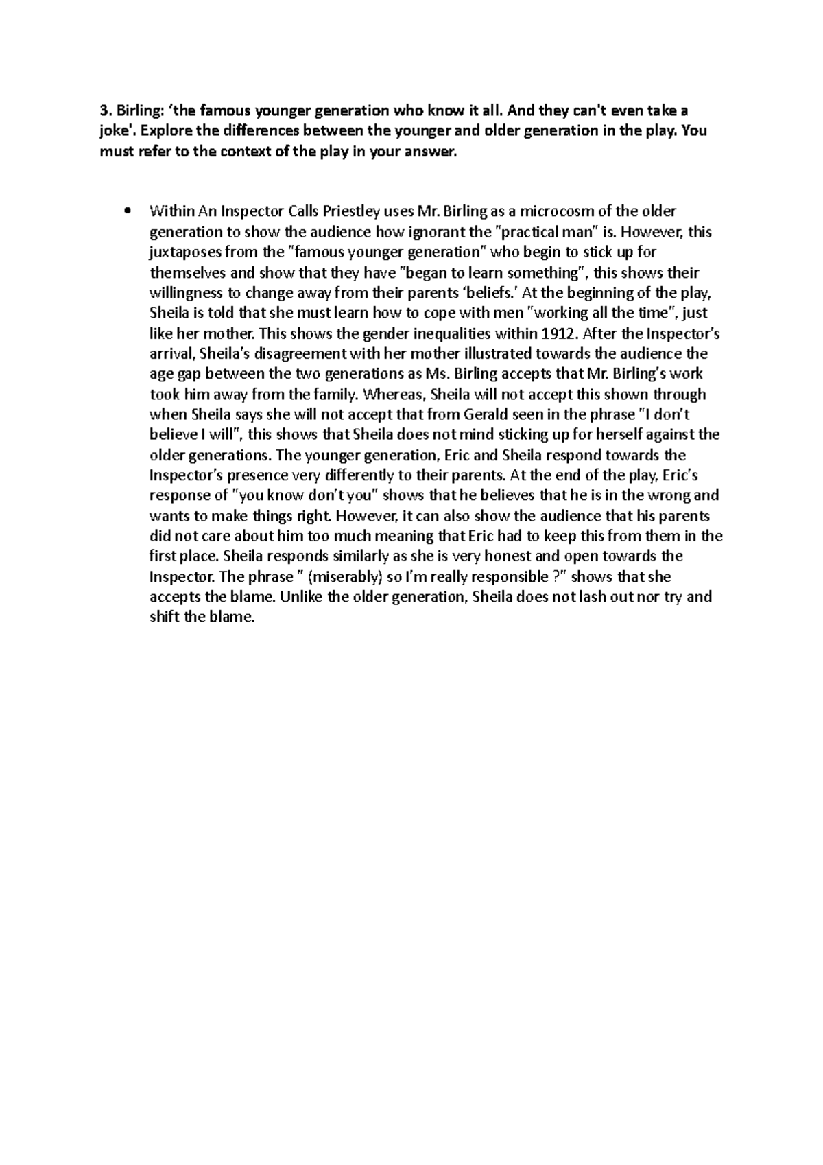 English Paragraph 26:01:19 - Birling: ‘the famous younger generation ...