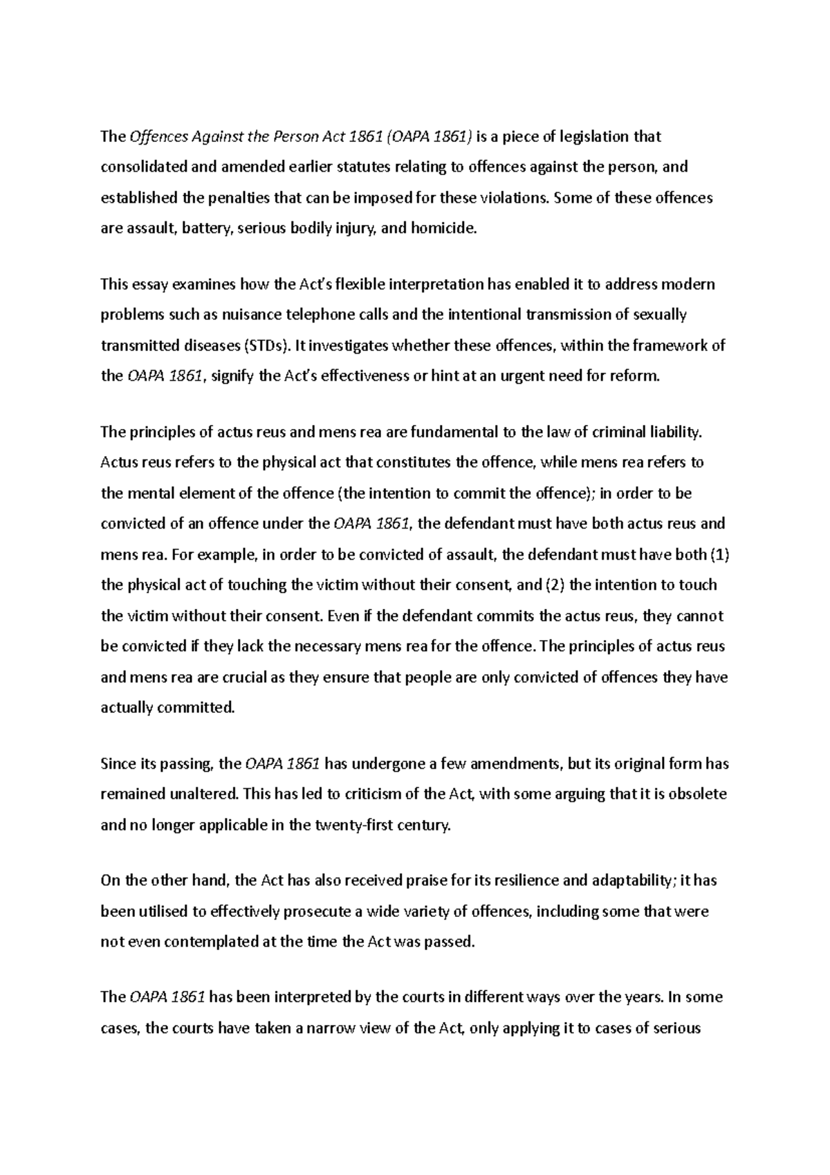 Criminal Problem Question Draft - The Offences Against the Person Act ...