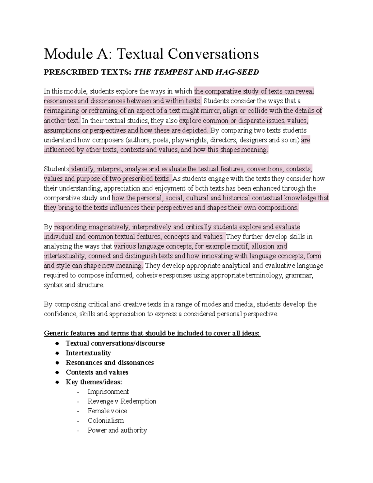 MOD A Essays - Module A: Textual Conversations PRESCRIBED TEXTS: THE ...