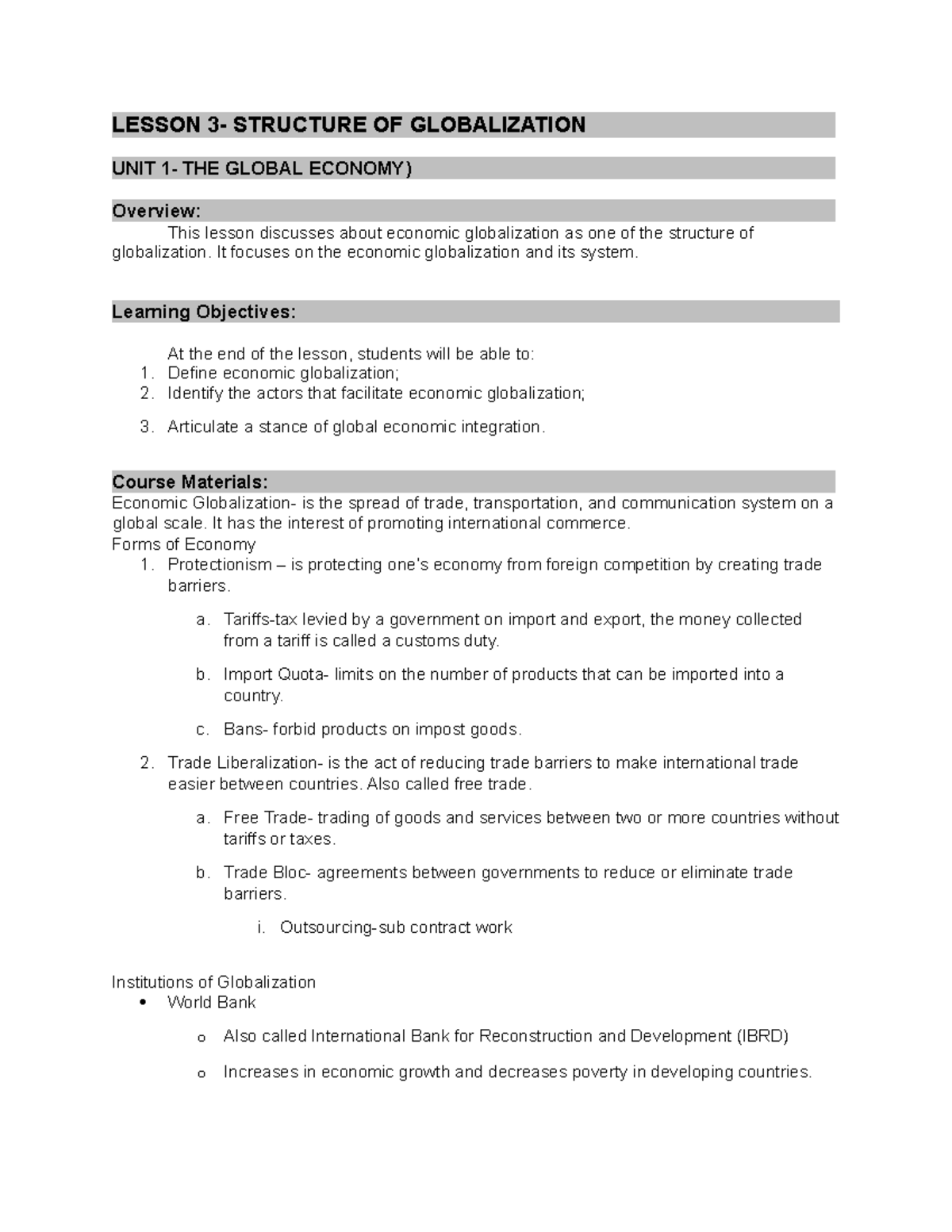 Lesson 3 Structure OF Globalization - LESSON 3- STRUCTURE OF ...