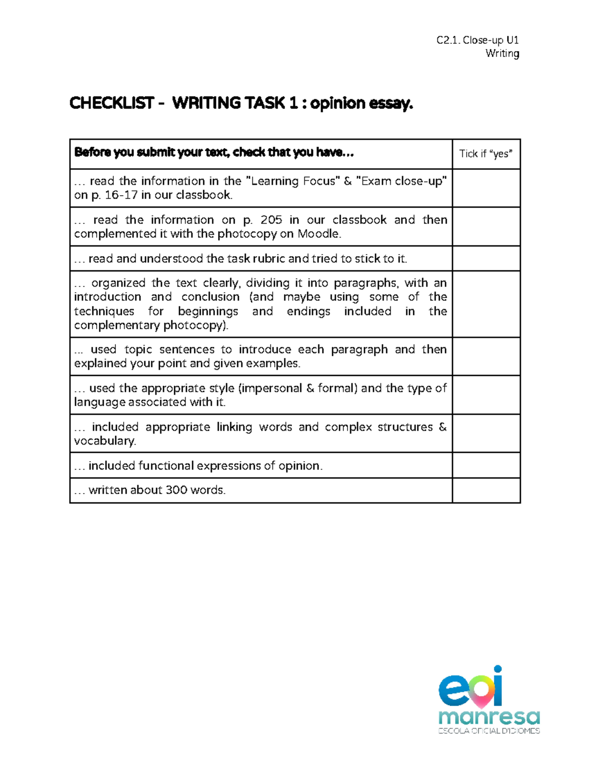 Checklist essay - Orders - C2. Close-up U Writing CHECKLIST - WRITING ...