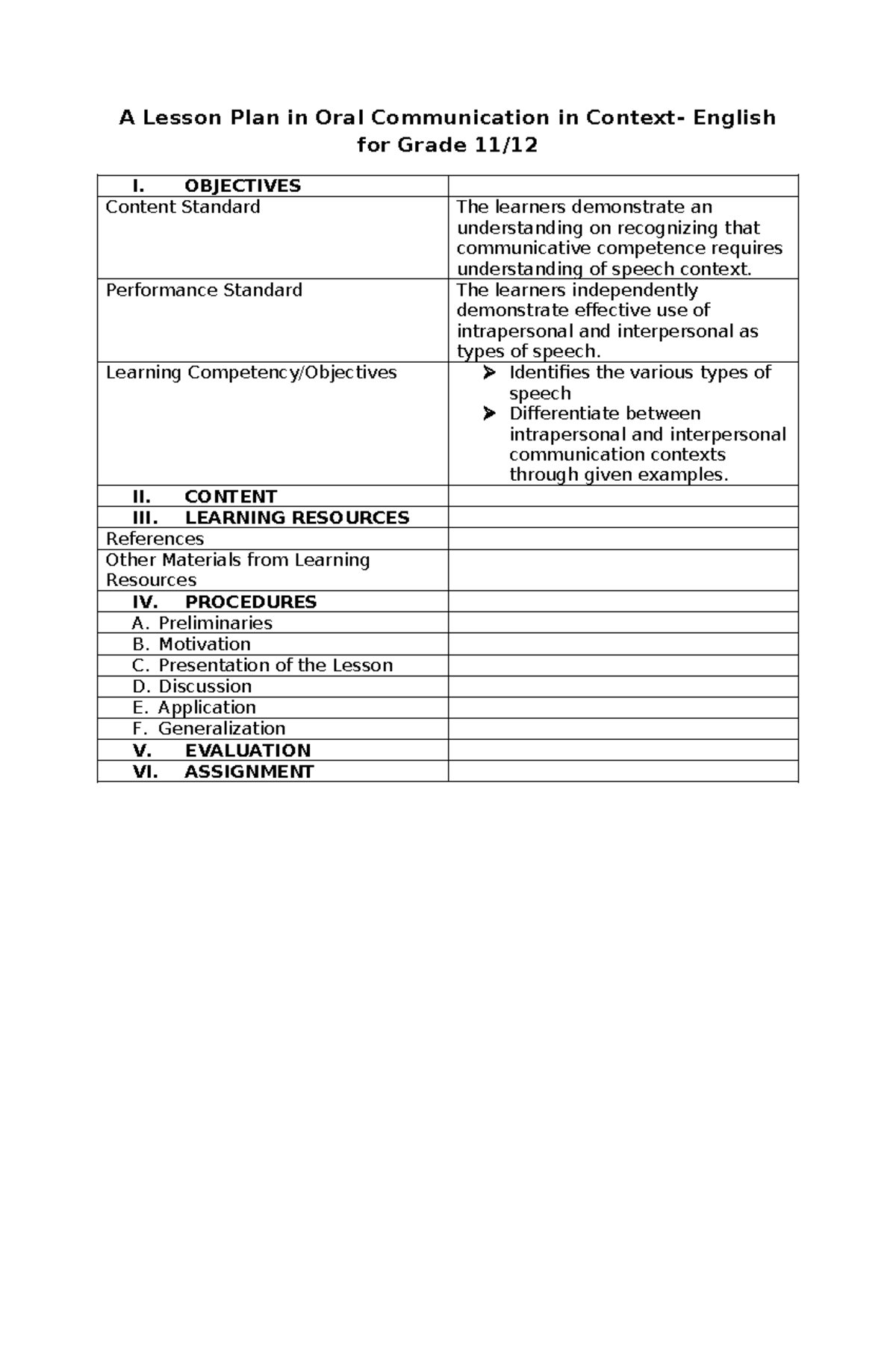 A Lesson Plan in Oral Communication in Context - OBJECTIVES Content ...