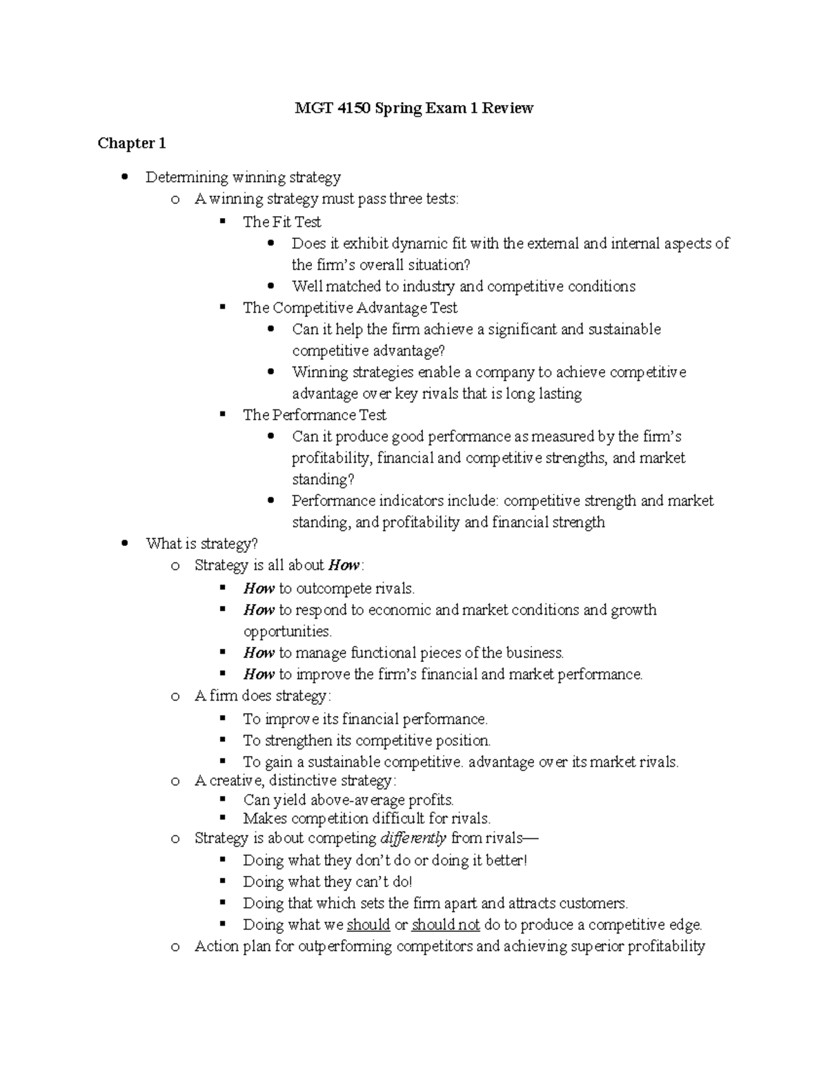 MGT 415 0 Spring Exam 1 Review - MGT 4150 Spring Exam 1 Review Chapter ...