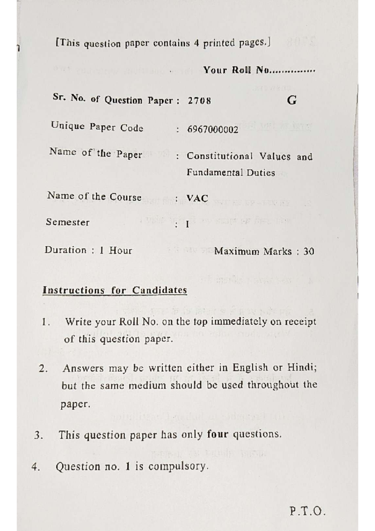 CVFD Sem 1 ( VAC) - Value added course vac - question paper contains 4 ...