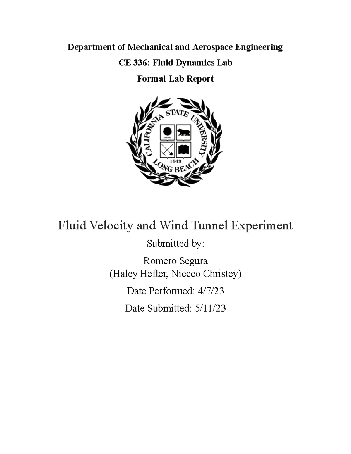 Fluid velocity - Department of Mechanical and Aerospace Engineering CE 336: Fluid Dynamics Lab ...