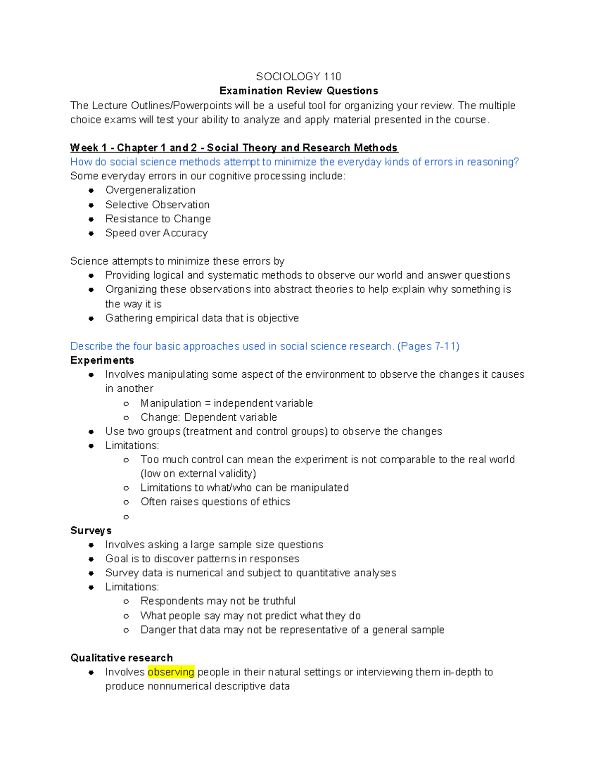 Soc 110 Collaborative Midterm Review Sociology 110 Examination Review Questions The Lecture
