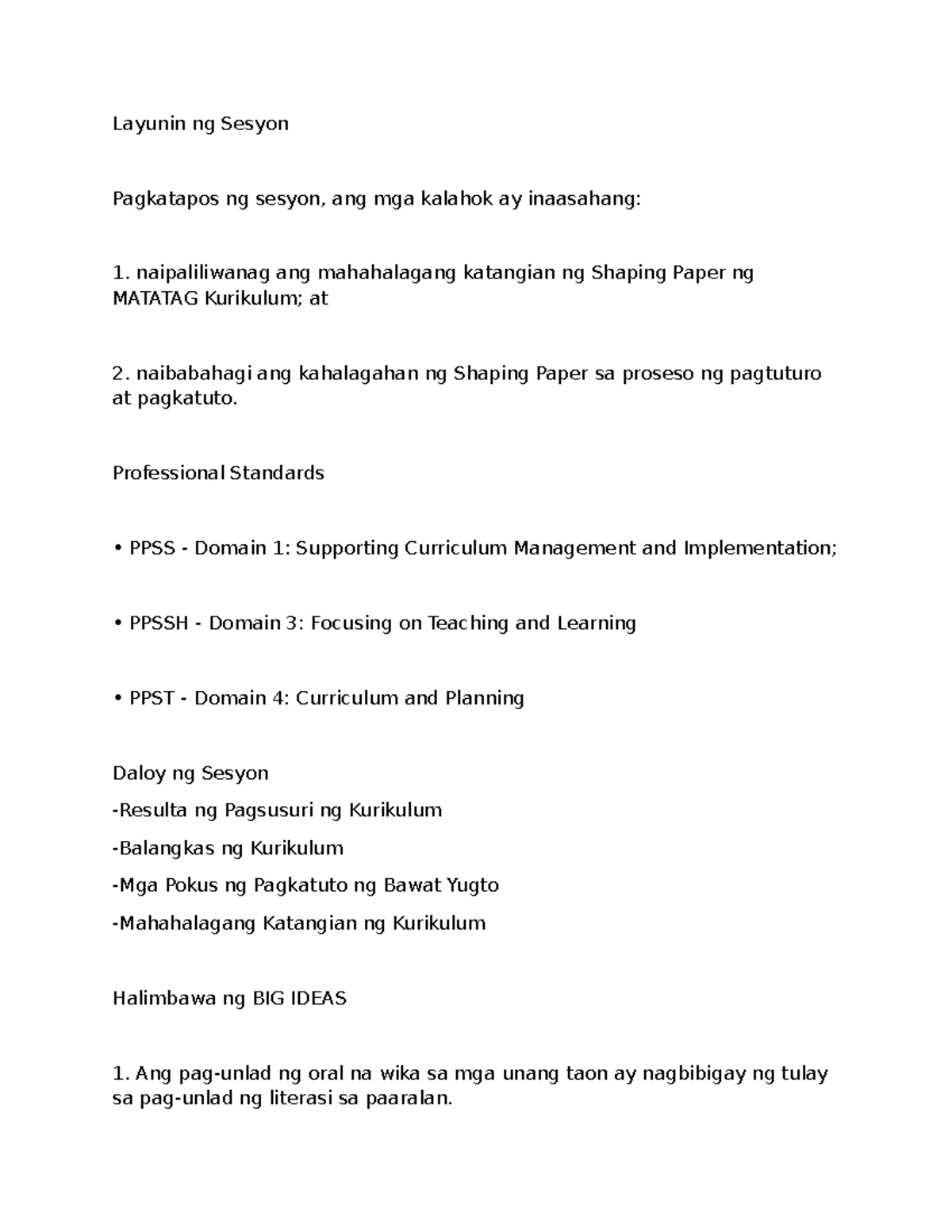 Shaping - Professional Standards PPSS - Domain 1: Supporting Curriculum ...