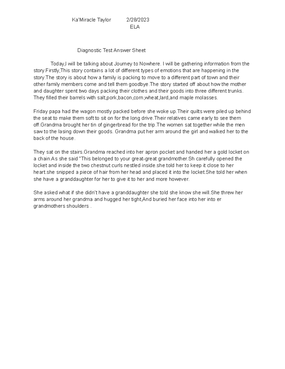 Ka'Miracle Taylor - Dagnostic Test Answer Sheet - Ka’Miracle Taylor 2 ...