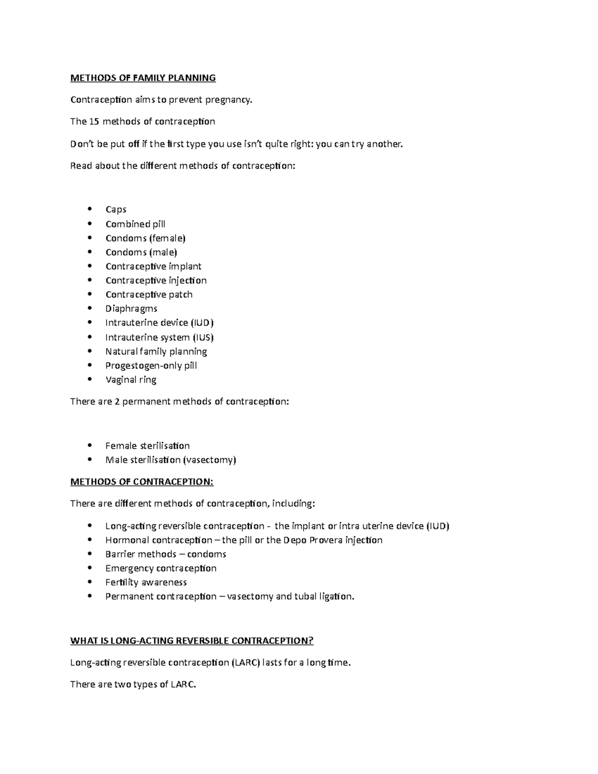 Methods of contraception - METHODS OF FAMILY PLANNING Contraception ...
