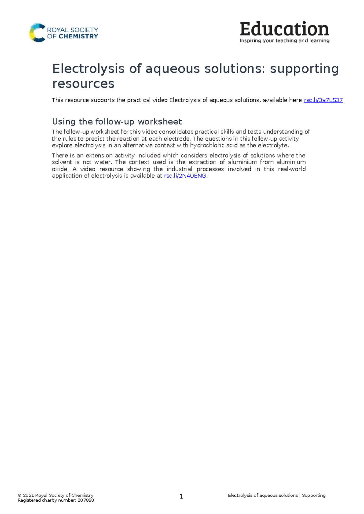 Electrolysisofas followupworksheets 24904 - © 2021 Royal Society of ...