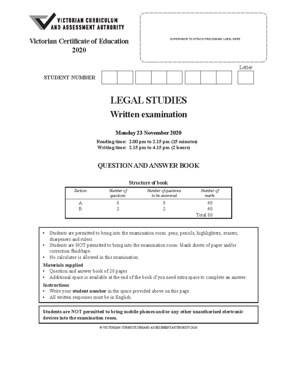 1 - 2020 VCAA Exam - sdsadsa - LEGAL STUDIES Written examination Monday 23 November 2020 Reading ...