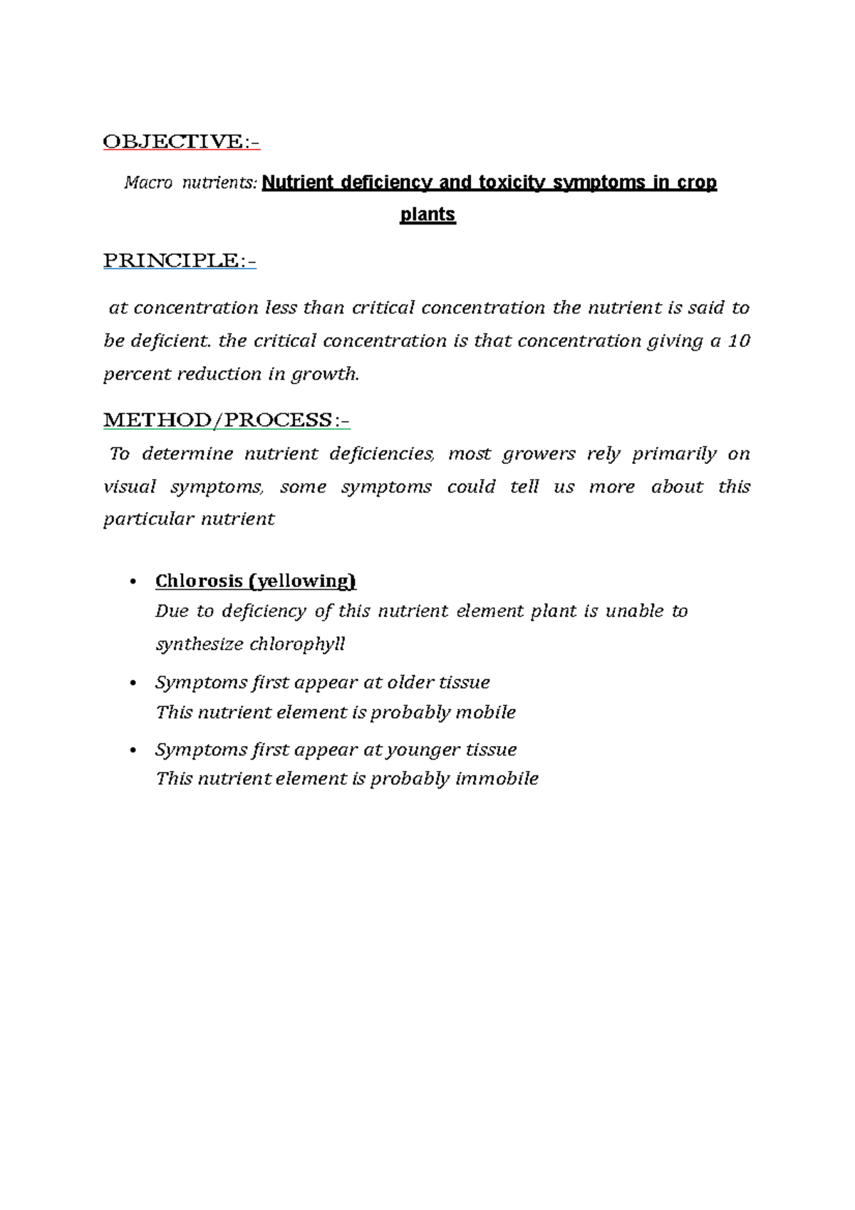 Nutrient deficiency and toxicity symptoms in crop plants macro - OBJECTIVE:- Macro nutrients ...