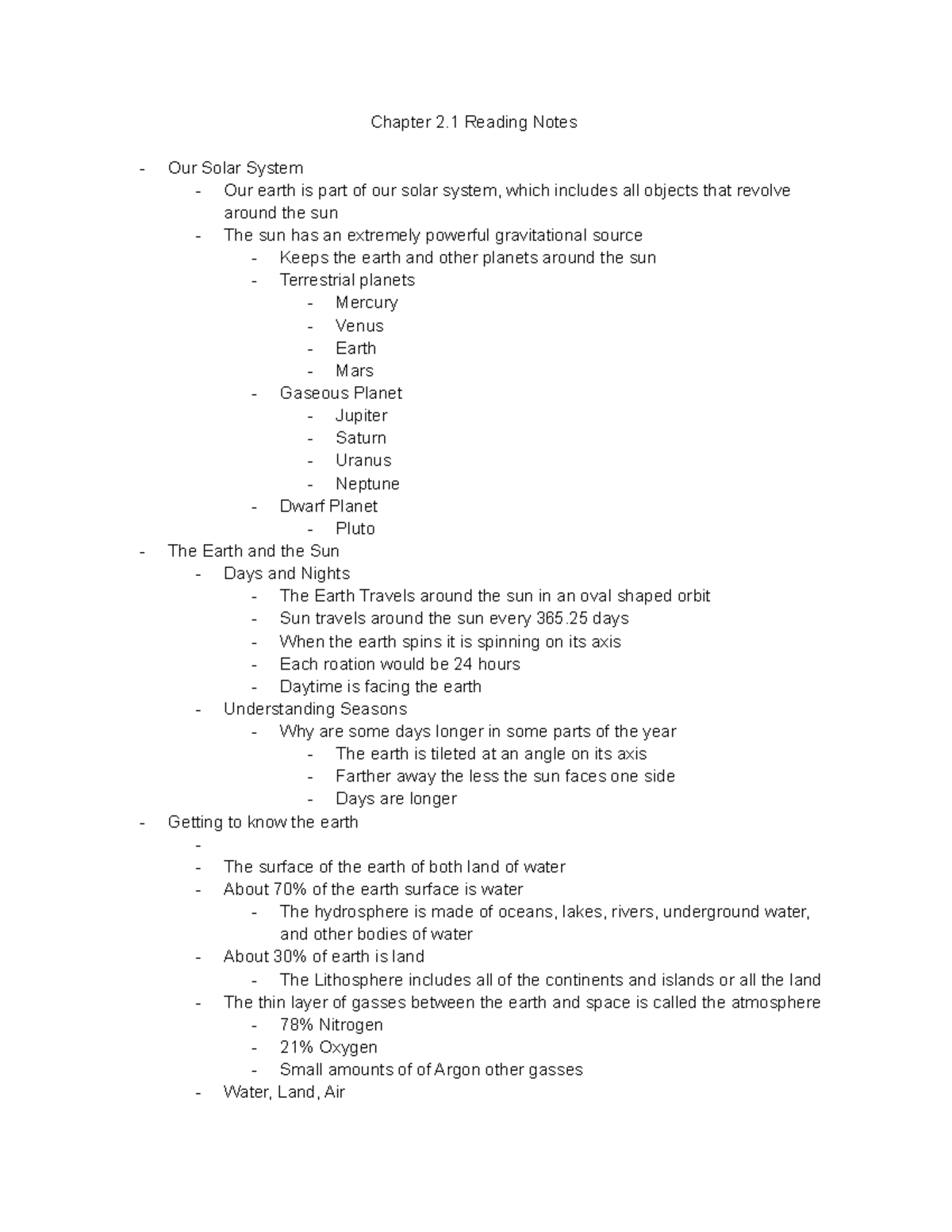 Chapter 2.1 Reading Notes - Chapter 2 Reading Notes Our Solar System ...