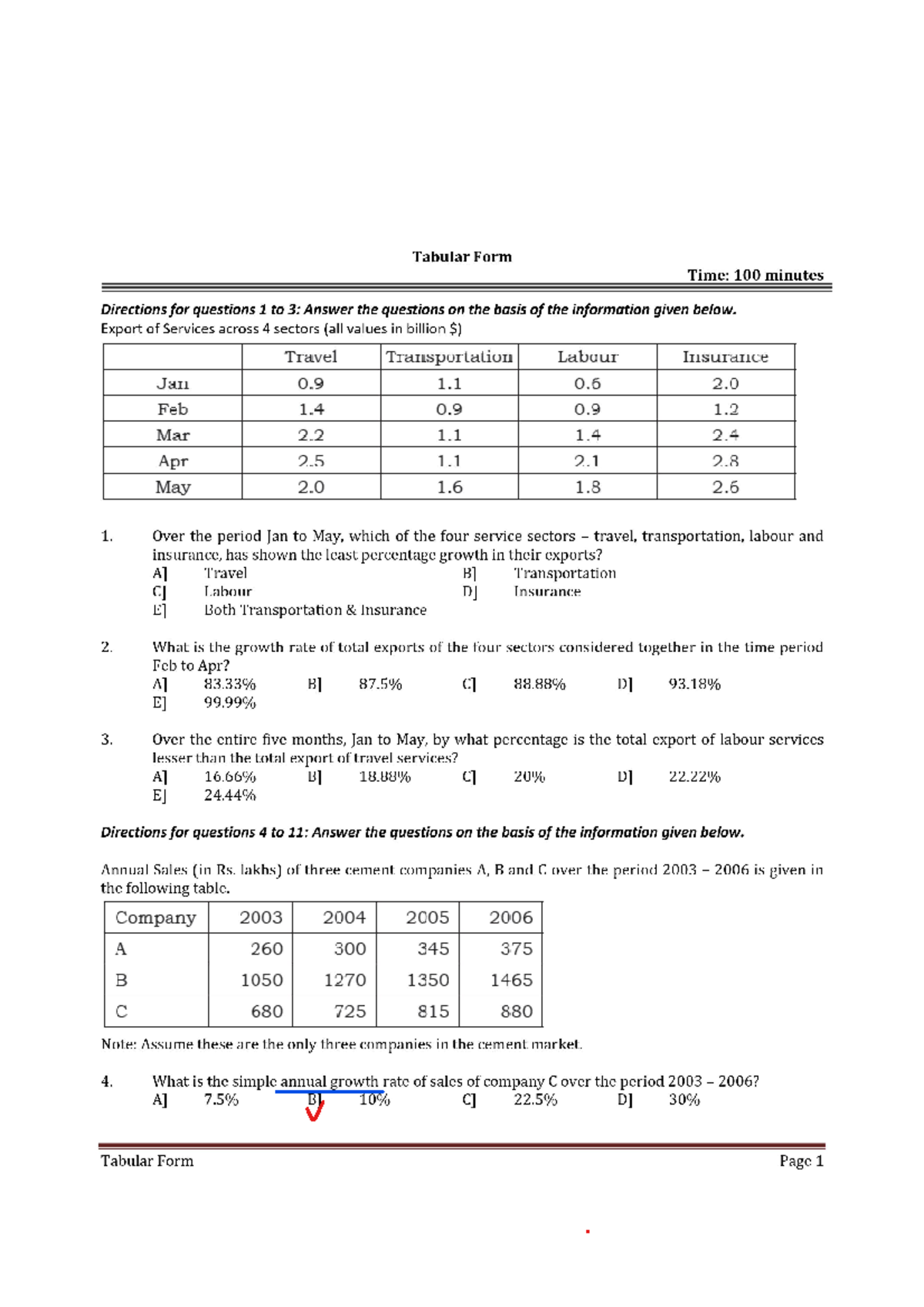 1- Tabular Form Extra Practice Material (Basic) - Tabular Form Time ...