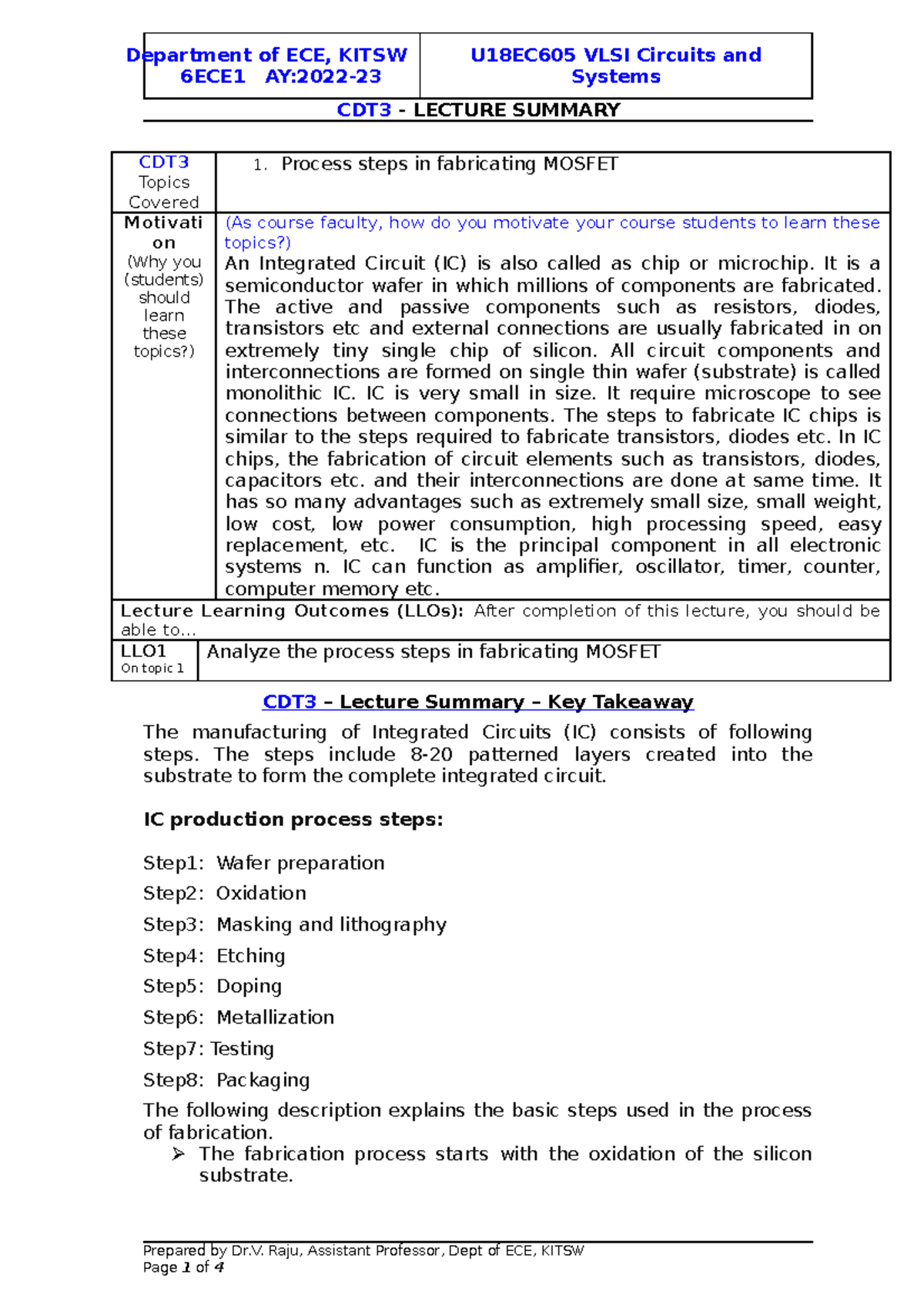 VLSI CDT3 Summary 6ECE1 2022-23 - 6ECE1 AY:2022- Systems CDT3 - LECTURE SUMMARY CDT Topics ...