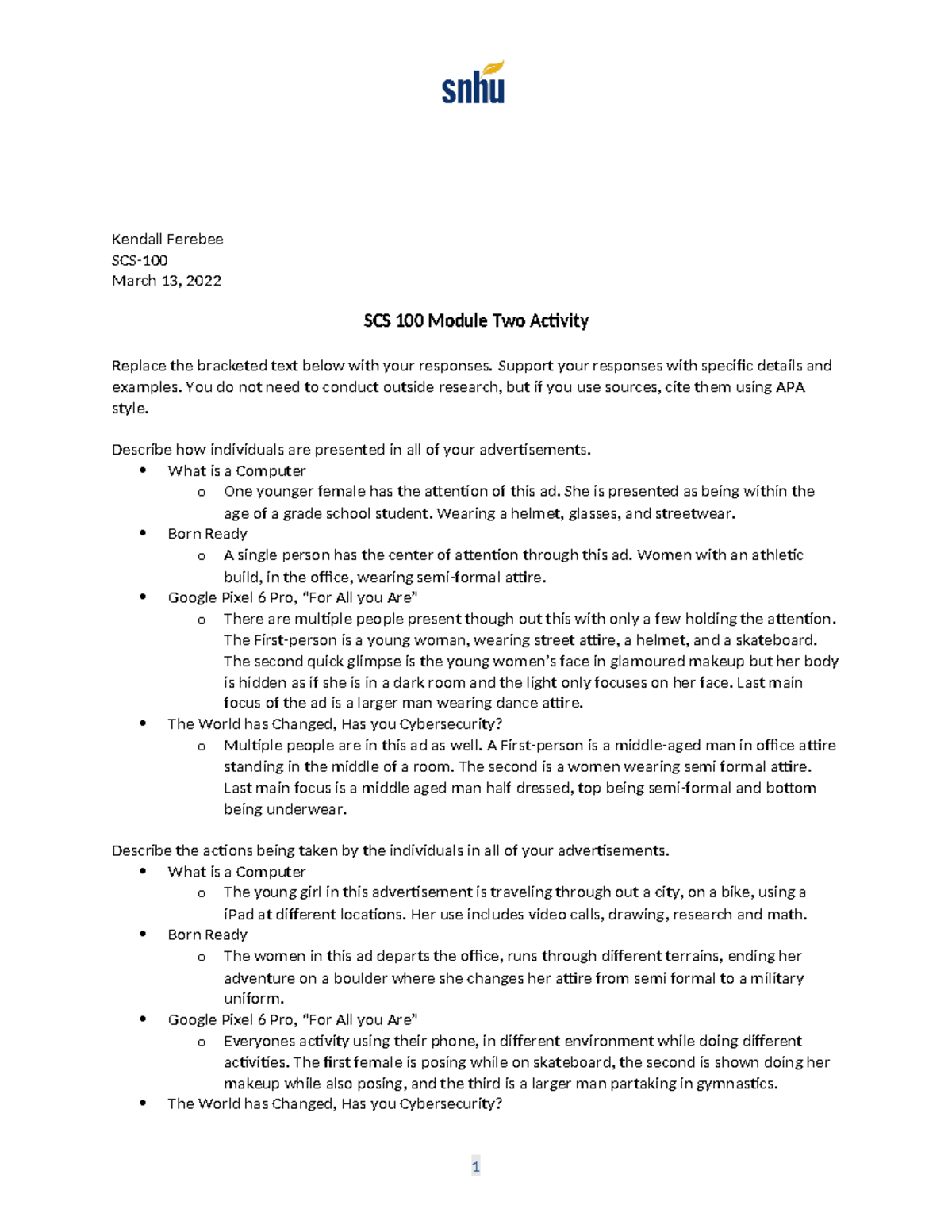 SCS 100 Module Two Activity - Kendall Ferebee SCS- March 13, 2022 SCS ...