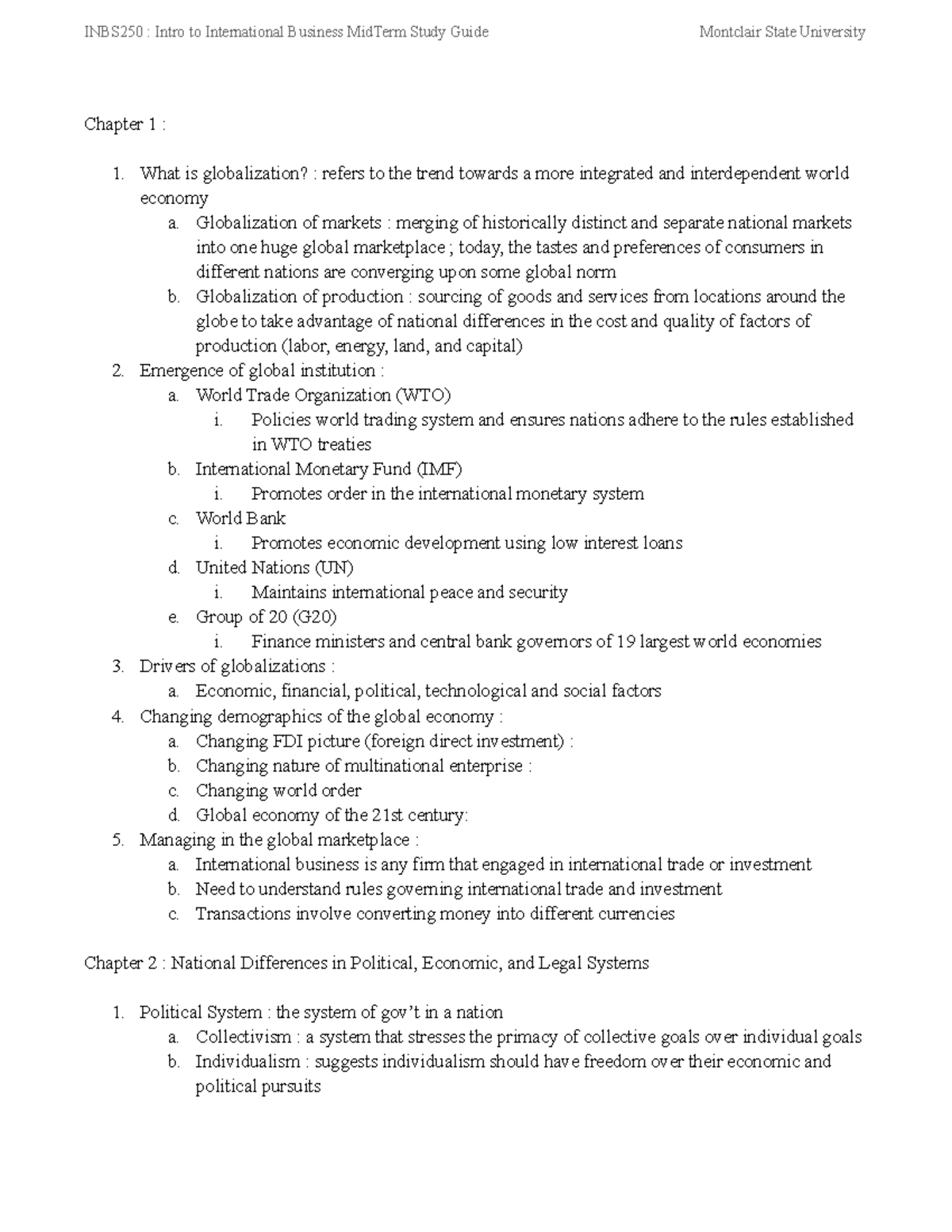 Mid Term Study Guide - INBS250 - Chapter 1 : What is globalization ...