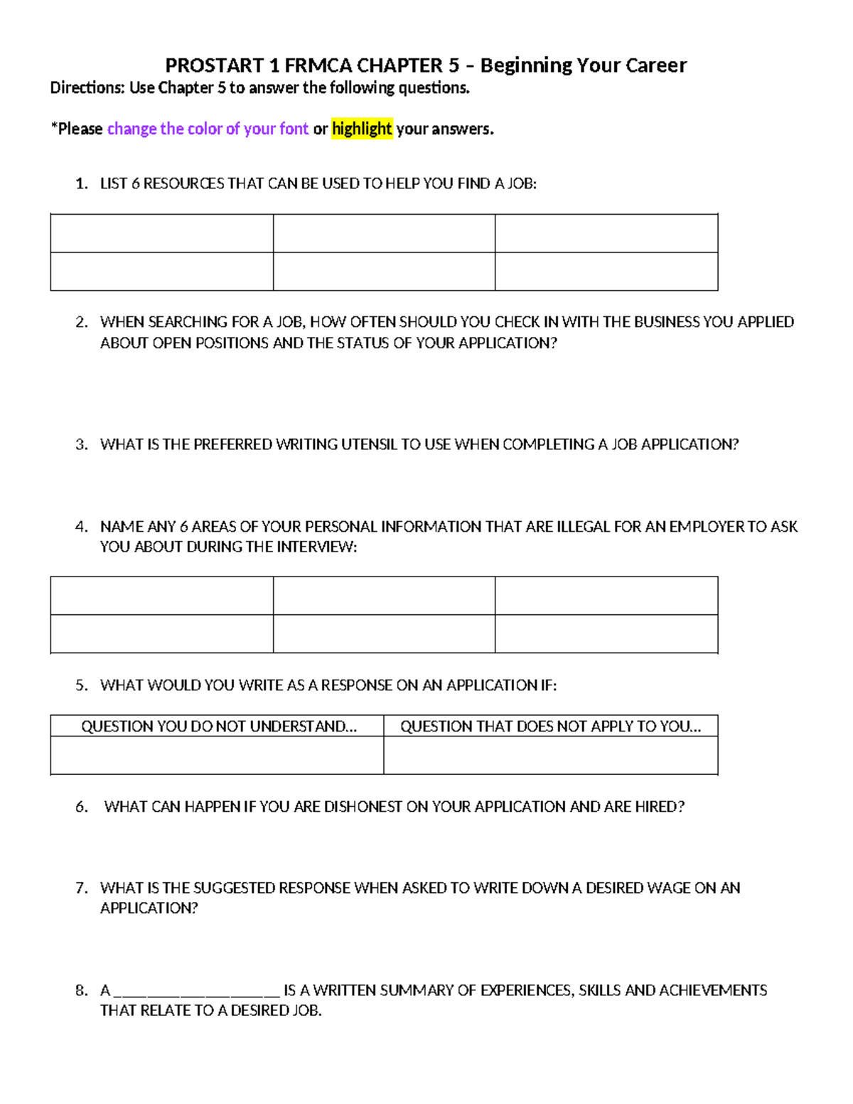 Chapter 5 Worksheet - Really cool - PROSTART 1 FRMCA CHAPTER 5 ...