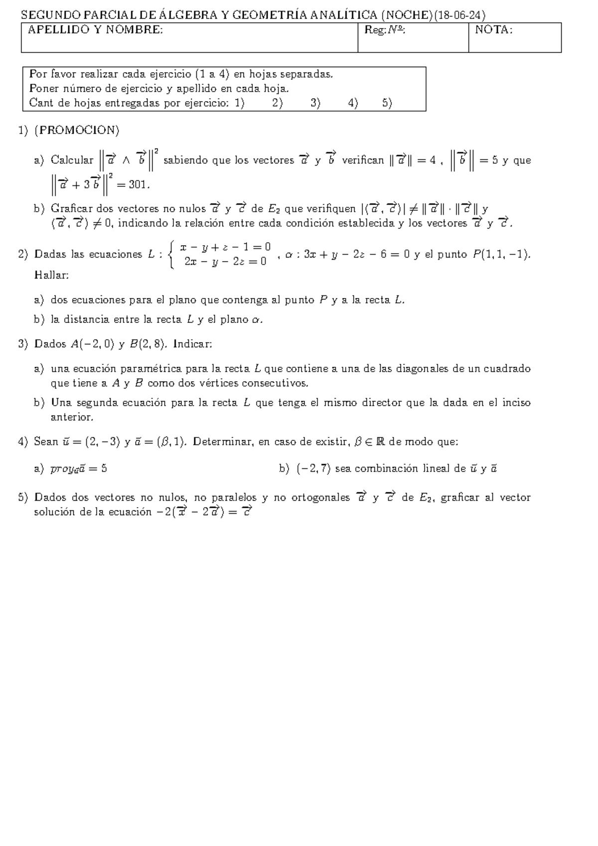 2024 Segundo Parcial UTN Noche - SEGUNDO PARCIAL DE ́ALGEBRA Y GEOMETR ...