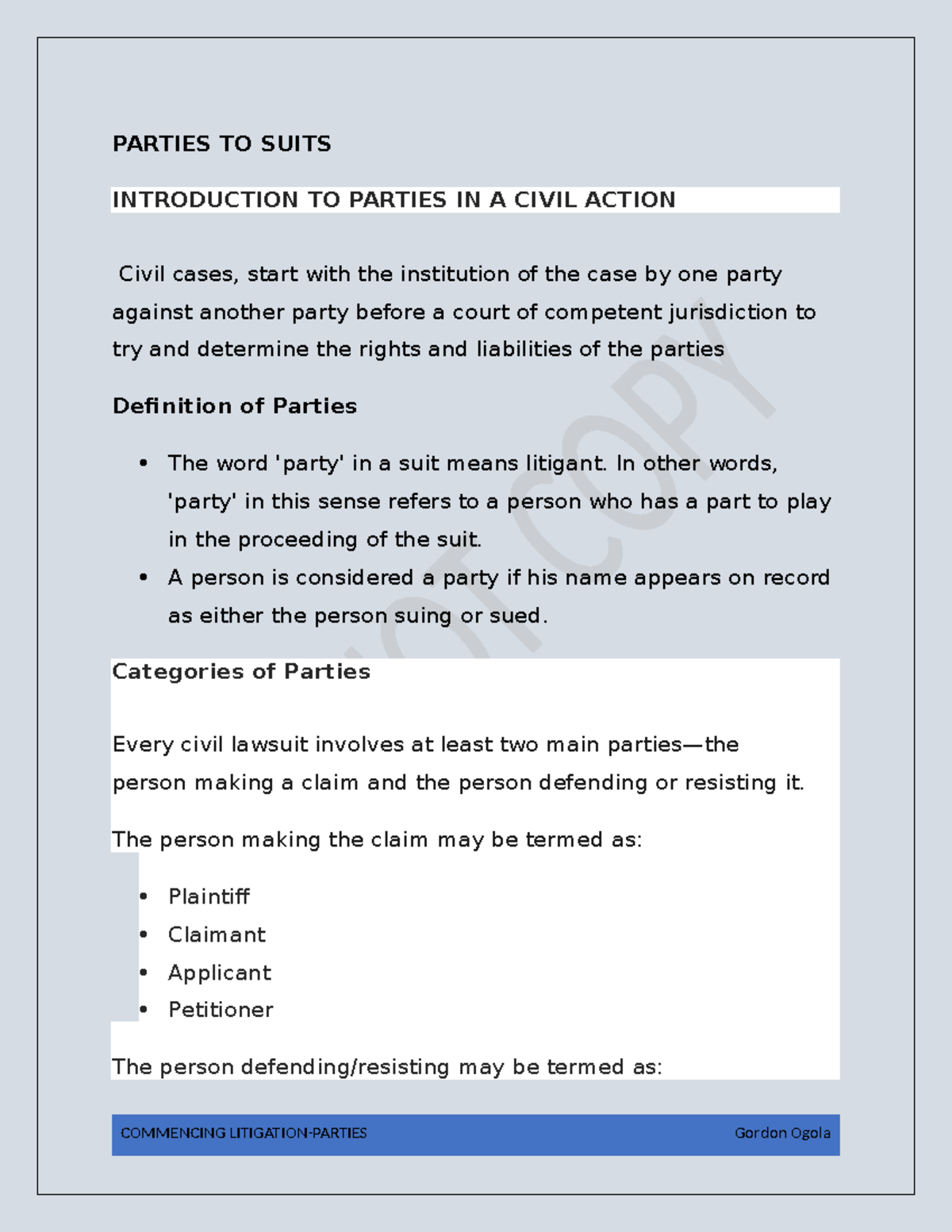 Commencing Litigation - Parties - PARTIES TO SUITS INTRODUCTION TO ...