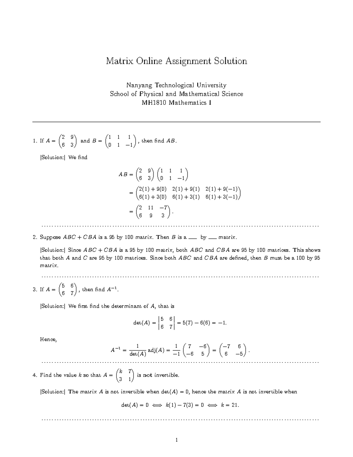 20S1 Matrix Assignment - Matrix Online Assignment Solution Nanyang ...