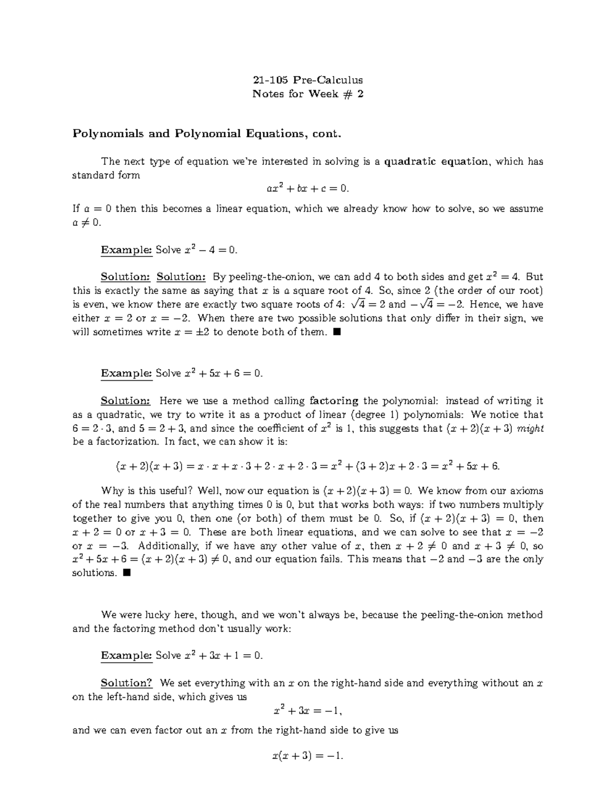 Notesweek 2 - Lecture notes 2 - 21-105 Pre-Calculus Notes for Week # 2 ...