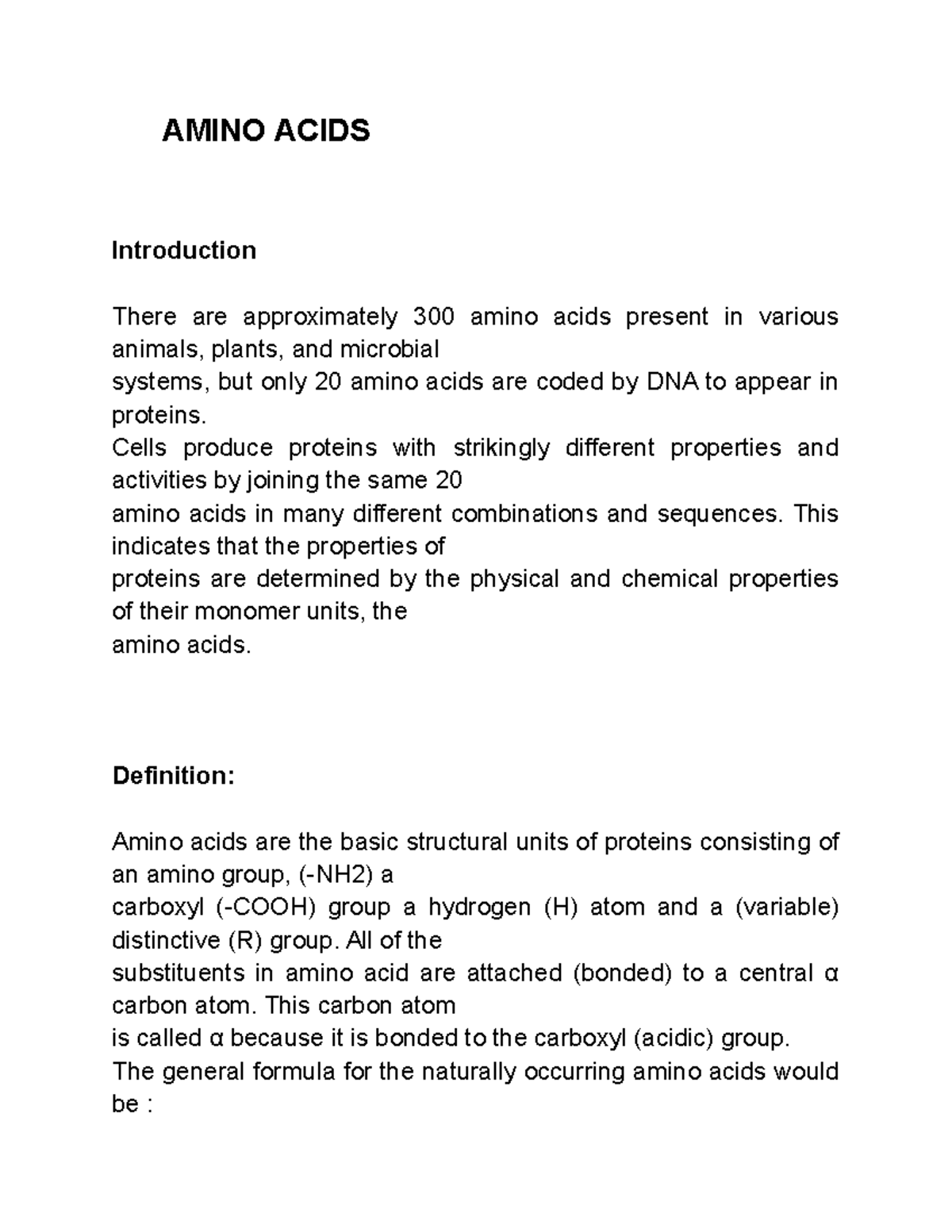 Amino Acids ( biochemistry) - AMINO ACIDS Introduction There are ...