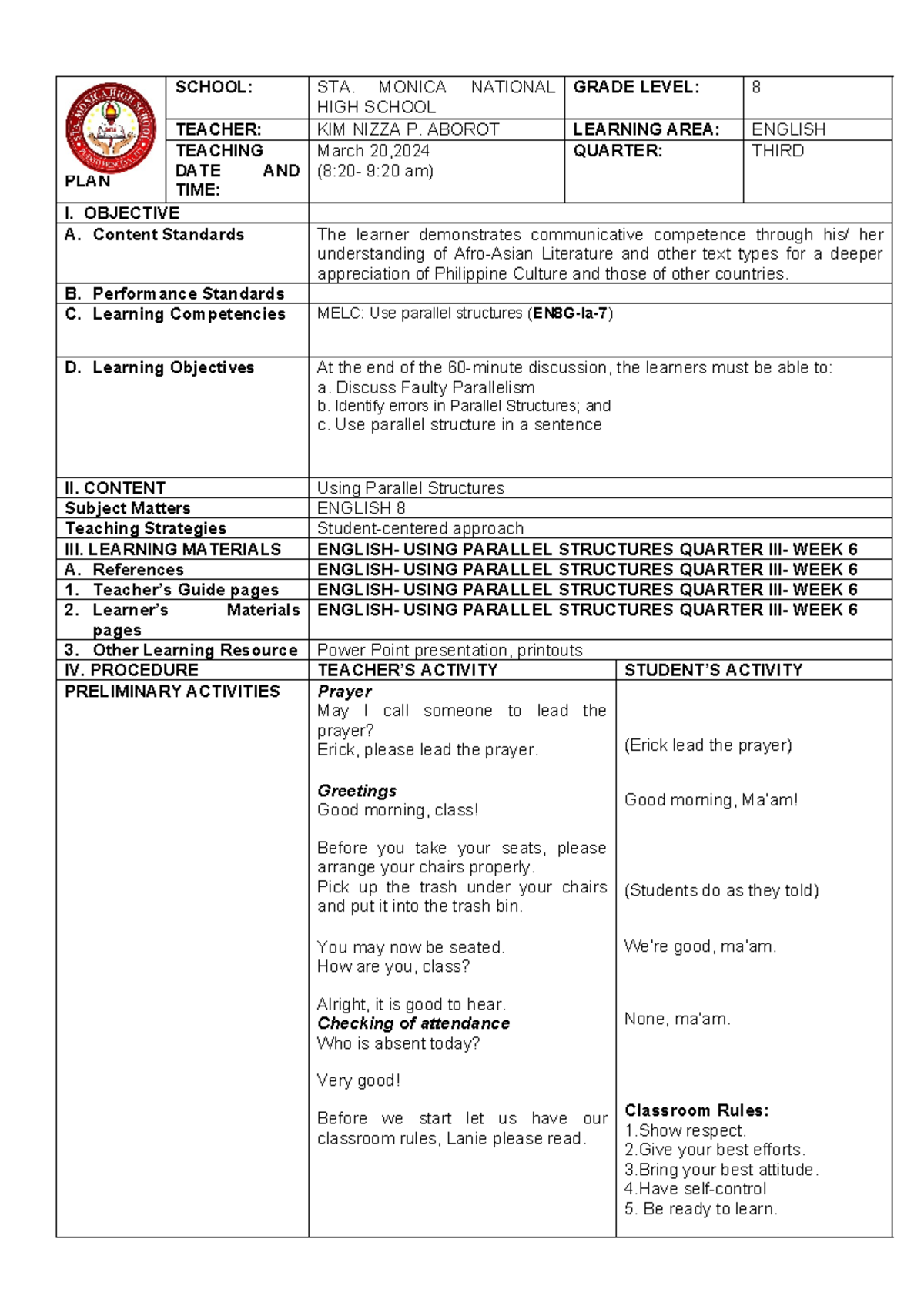 Parallel Structures DAY 1 - DETAILED LESSON PLAN SCHOOL: STA. MONICA ...