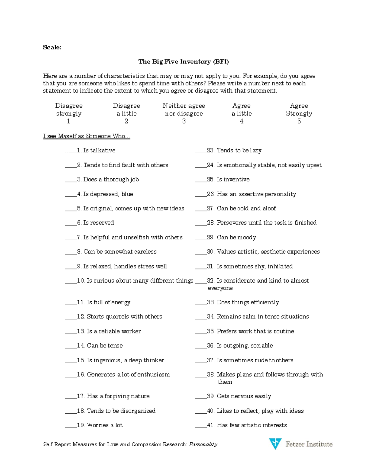 Big Five Inventory - Experimental Psychology - Christ University - Studocu