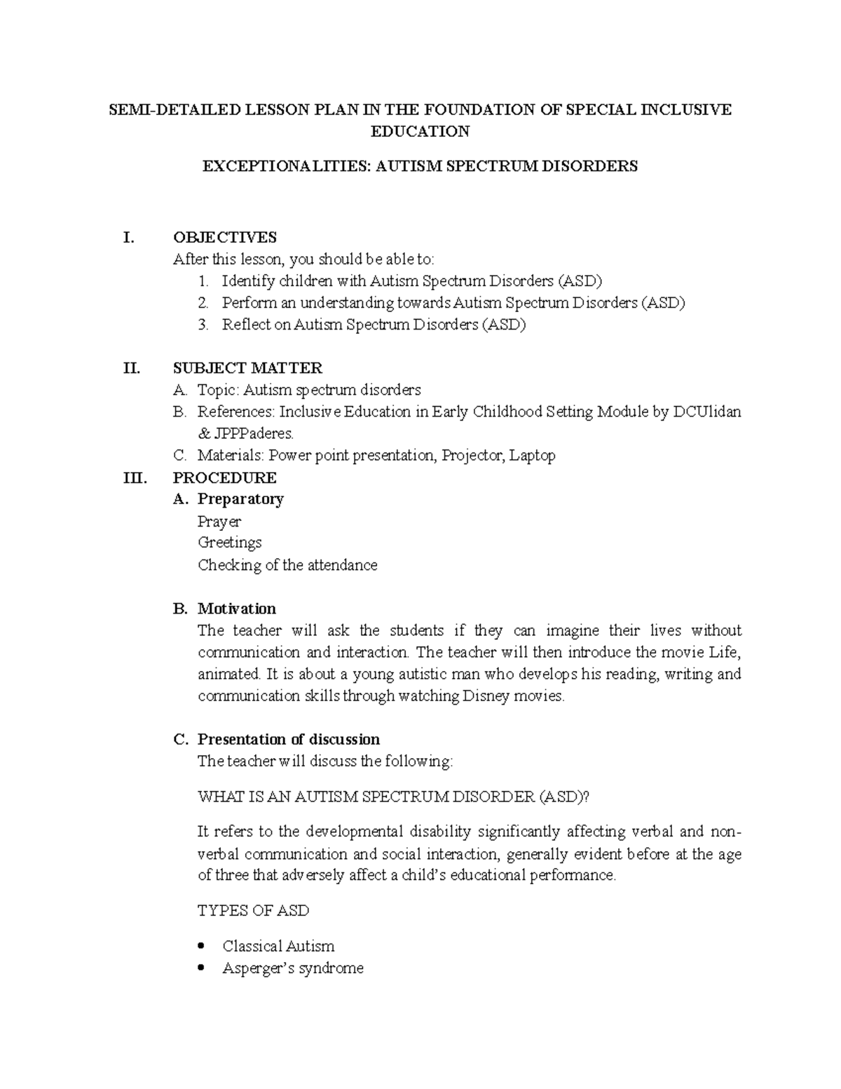 Autism Lesson PLAN 1 SEMI DETAILED LESSON PLAN IN THE FOUNDATION OF 