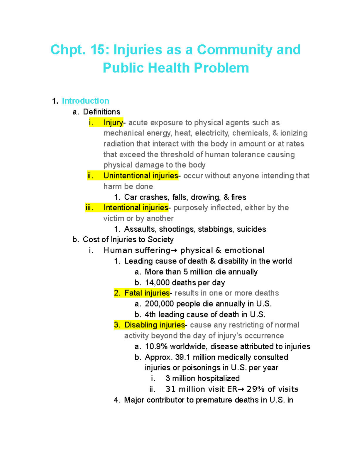 Chpt 15 notes - Chpt. 15: Injuries as a Community and Public Health ...