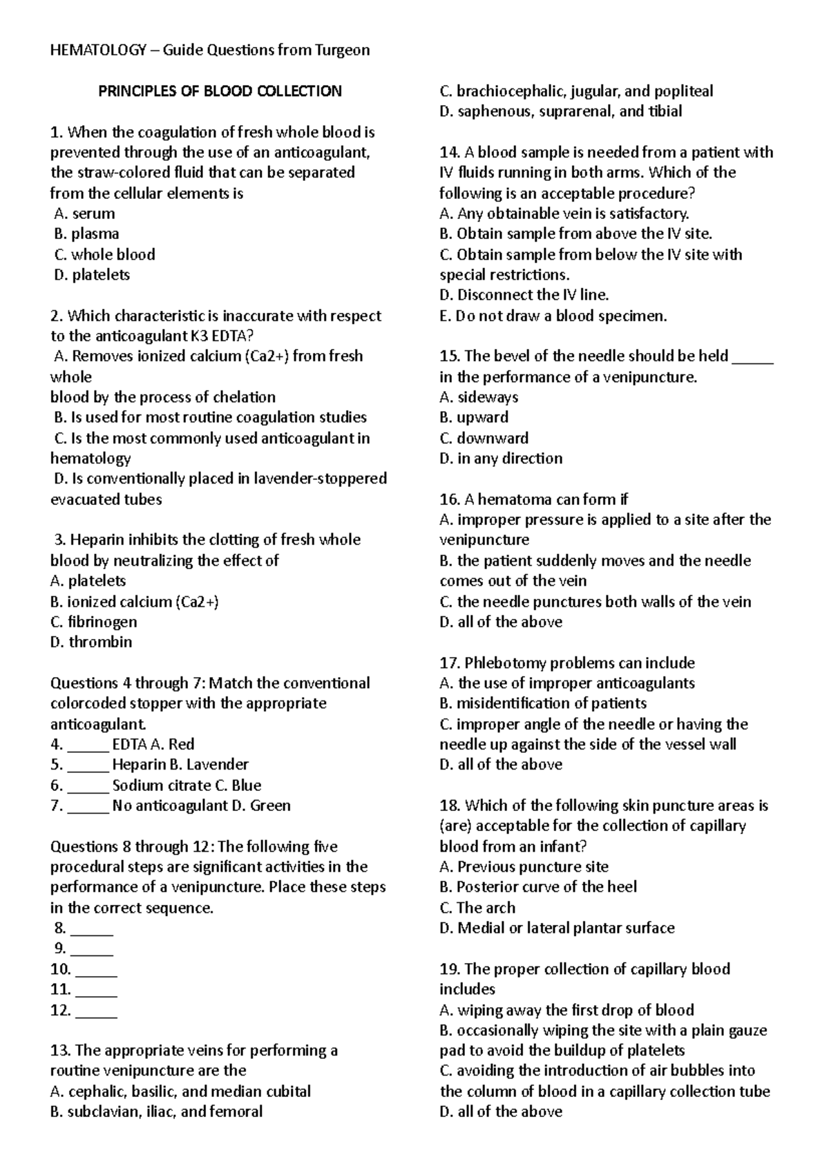 HEMA - Guide Questions from Turgeon - PRINCIPLES OF BLOOD COLLECTION ...