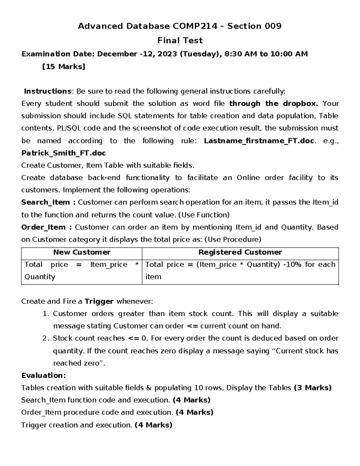 Final test F23 - Advanced Database COMP214 – Section 009 Final Test ...