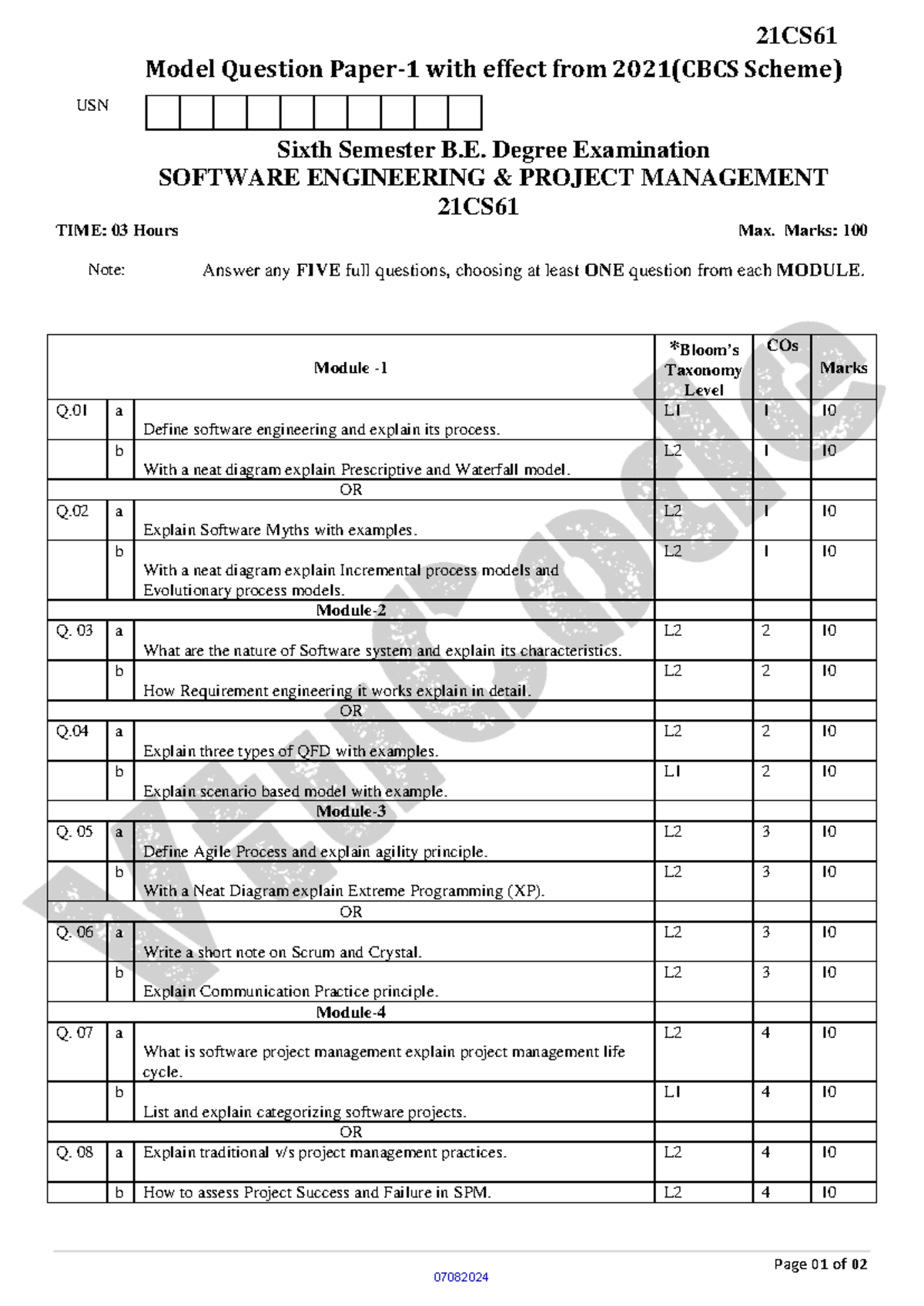 @vtucode - Software Engineering and Project Management - Page 01 of 02 Model Question Paper-1 ...