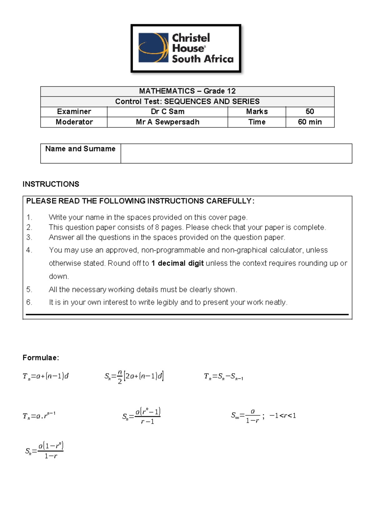 Grade 12 Class Test 1 Sequences and Series 2024 - MATHEMATICS – Grade ...