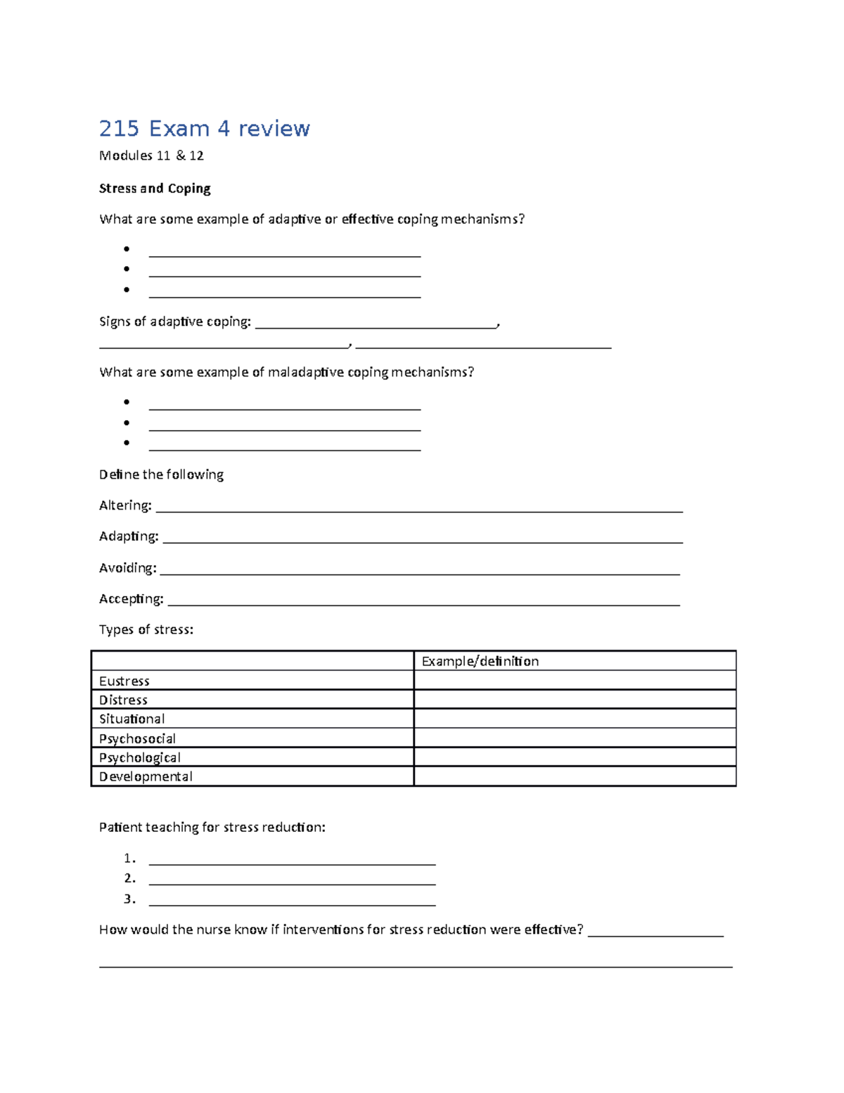 215 Student exam 4 ouline worksheet - 215 Exam 4 review Modules 11 & 12 ...