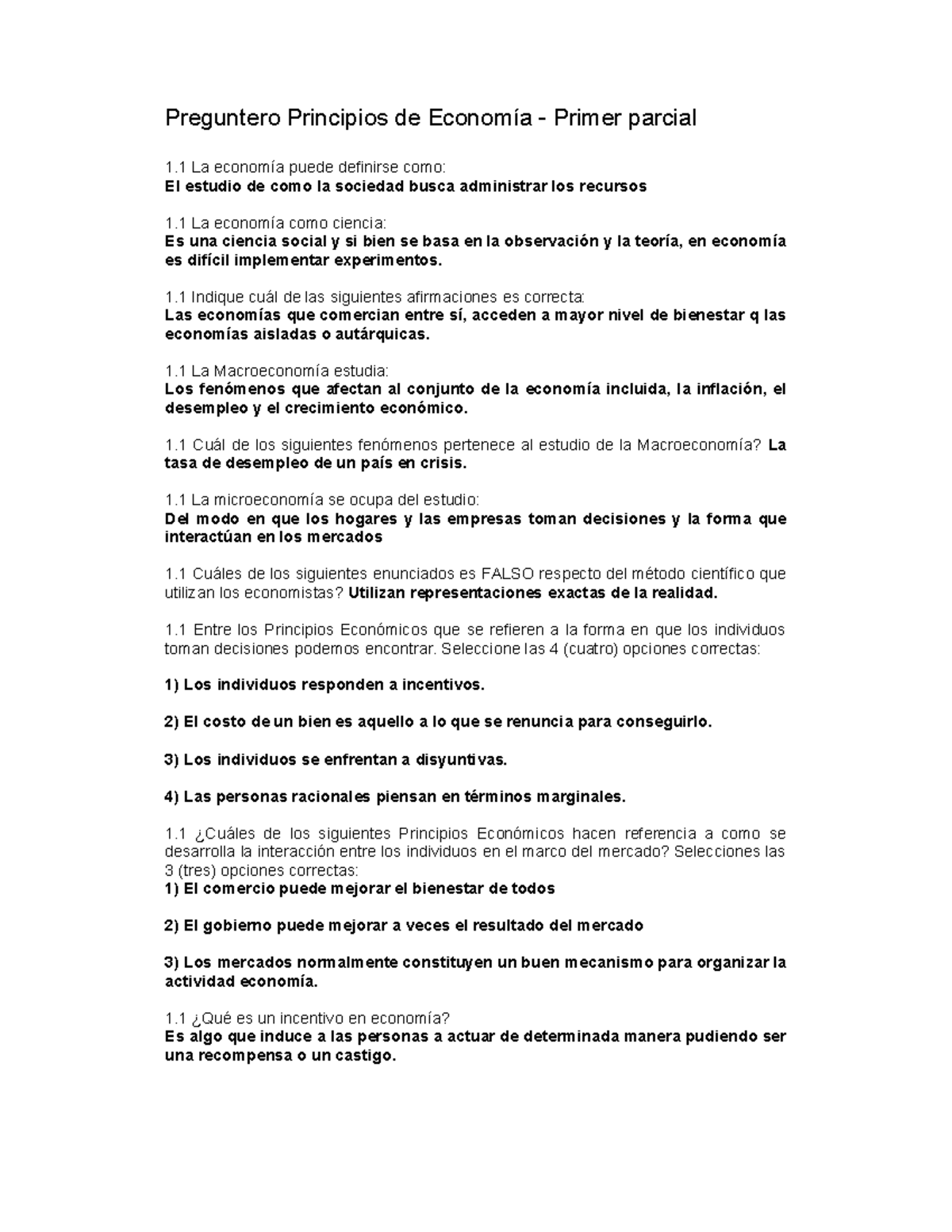 Preguntero Primer parcial Principios Economía - Preguntero Principios de Economía - Primer ...