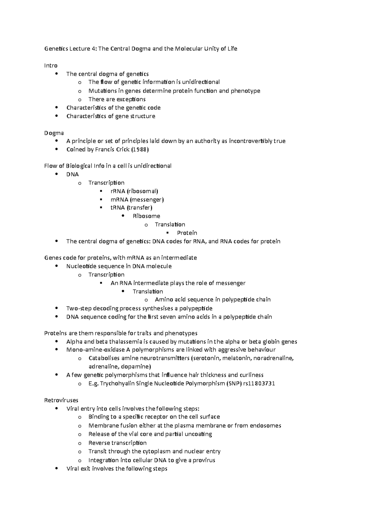 Lecture 4 Notes - Central Dogma, Genetic Unity of Life - Genetics ...