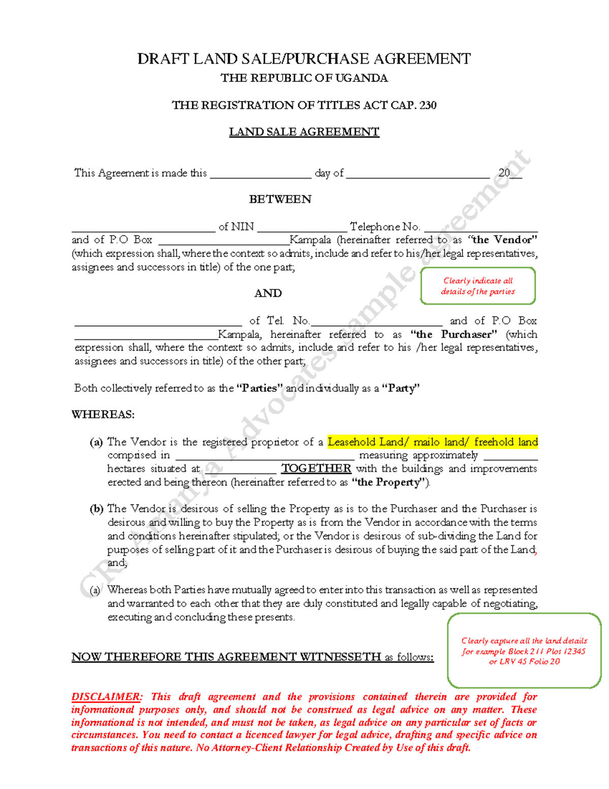 Land sale agreement vendor - 1 DISCLAIMER: This draft agreement and the ...