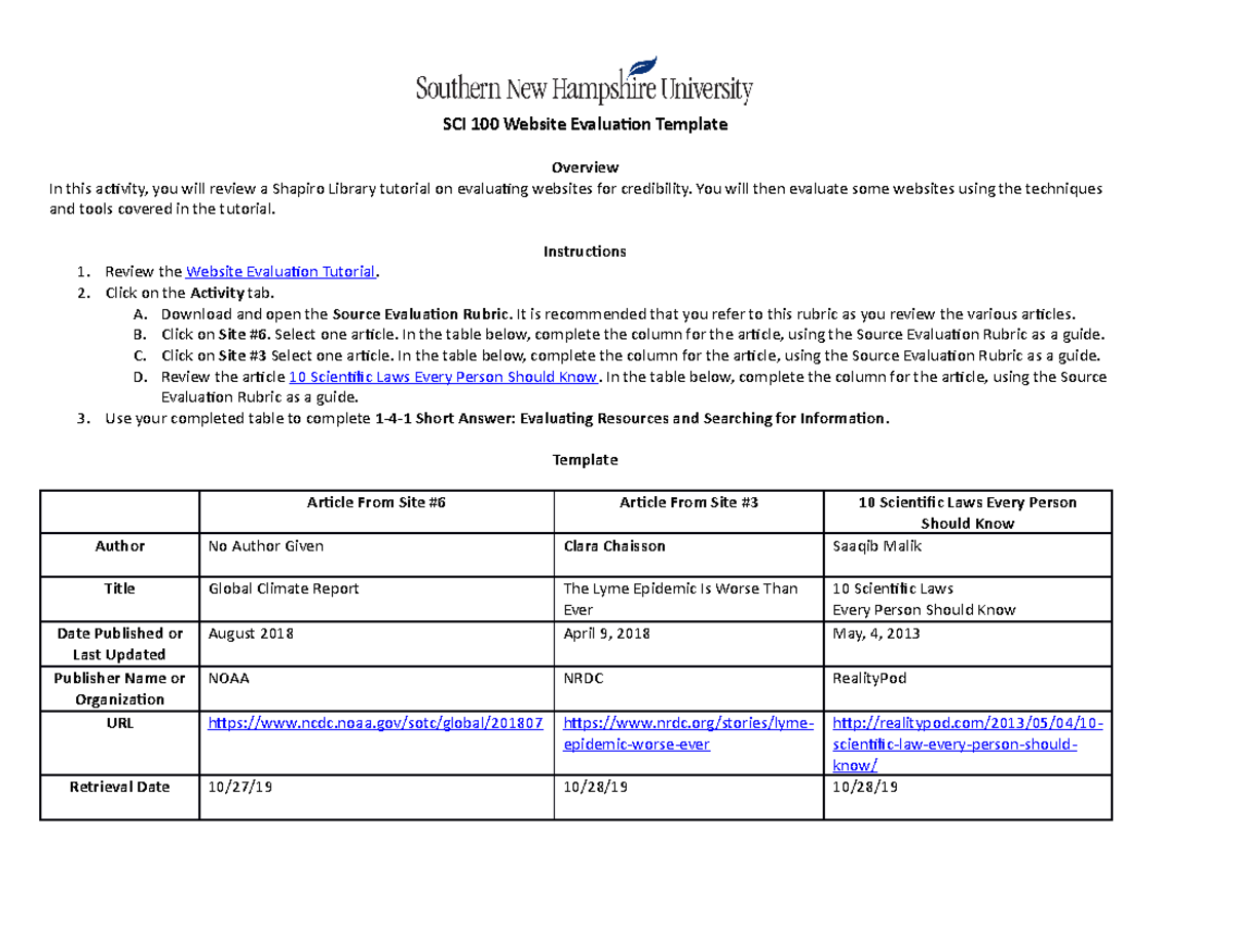 SCI 100 Website Evaluation Template - SCI 100 Website Evaluation Template Overview In this ...