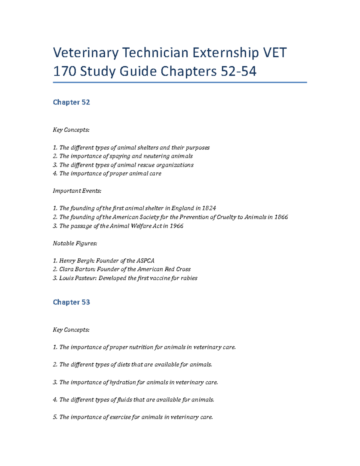 Veterinary Technician Externship VET 170 Study Guide Chapters 52-54 ...